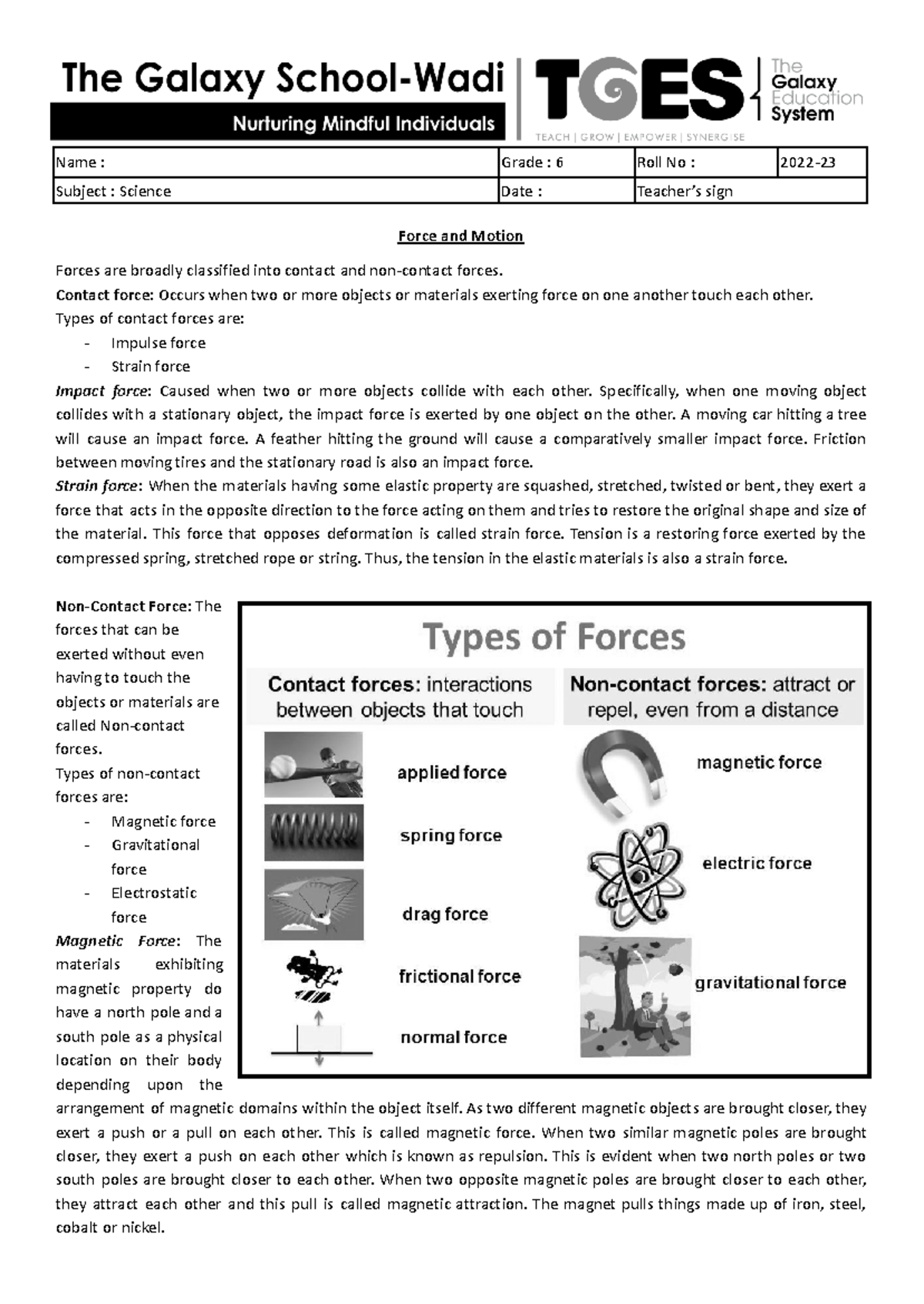 22-23 G6 - Sci - rigour - Force and Motion - Name : Grade : 6 Roll No ...