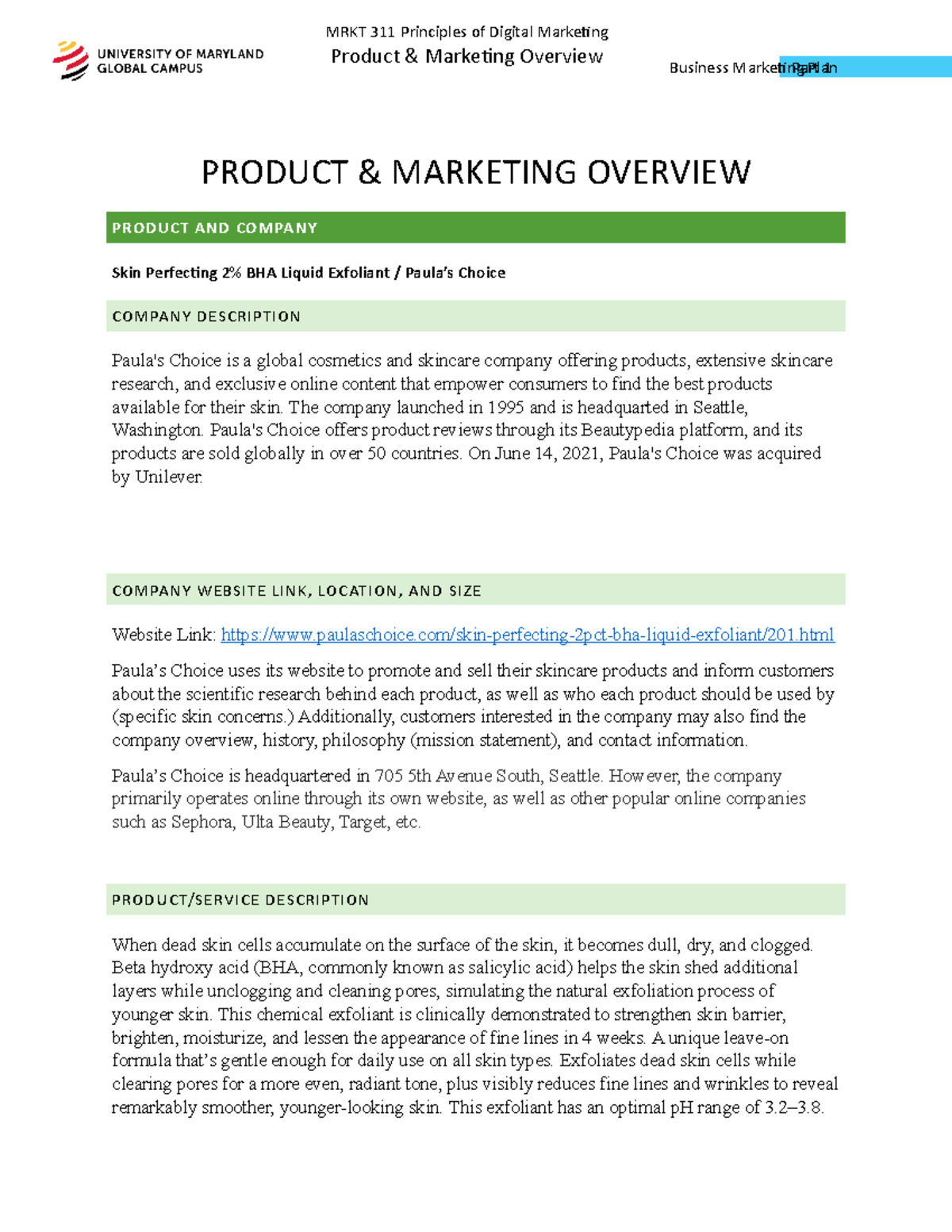 UMGC MRKT Marketing Plan Part 1 - PRODUCT & MARKETING OVERVIEW PRODUCT ...