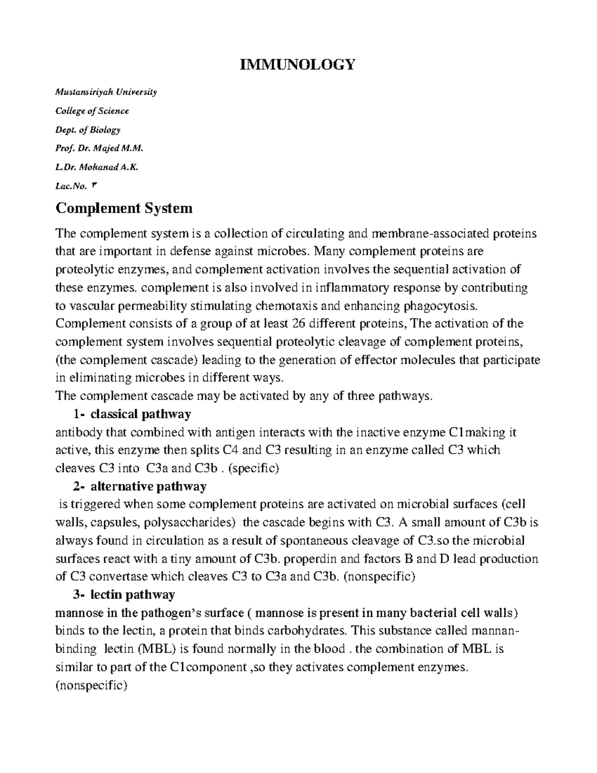 Complement System - IMMUNOLOGY Mustansiriyah University College of ...