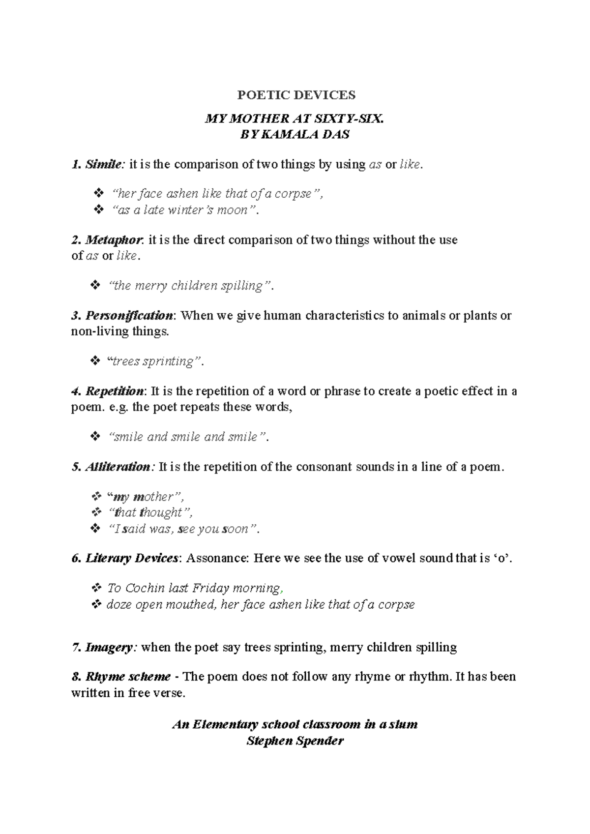 Poetic Devices -12 CBSE - POETIC DEVICES MY MOTHER AT SIXTY-SIX. BY ...