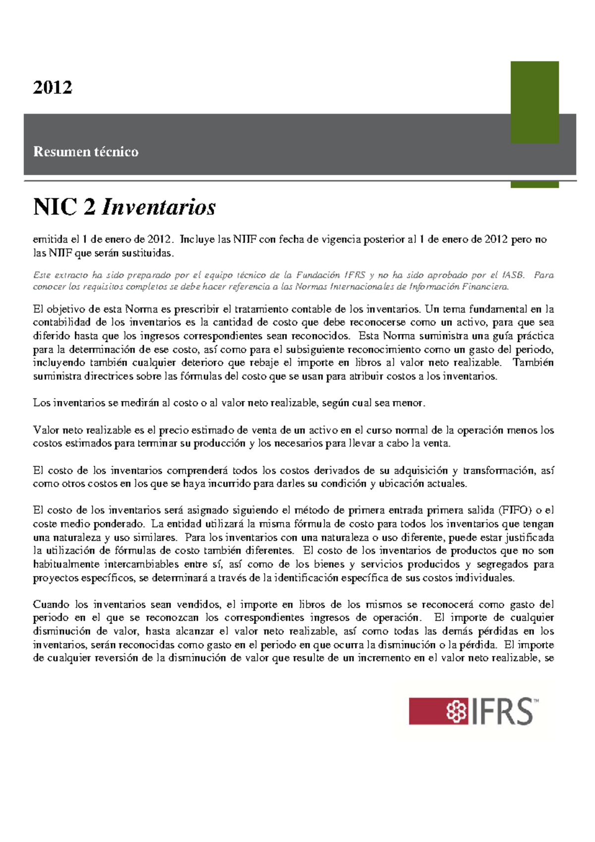 NIC 2 - NIC 2 - 2012 Resumen técnico NIC 2 Inventarios emitida el 1 de ...