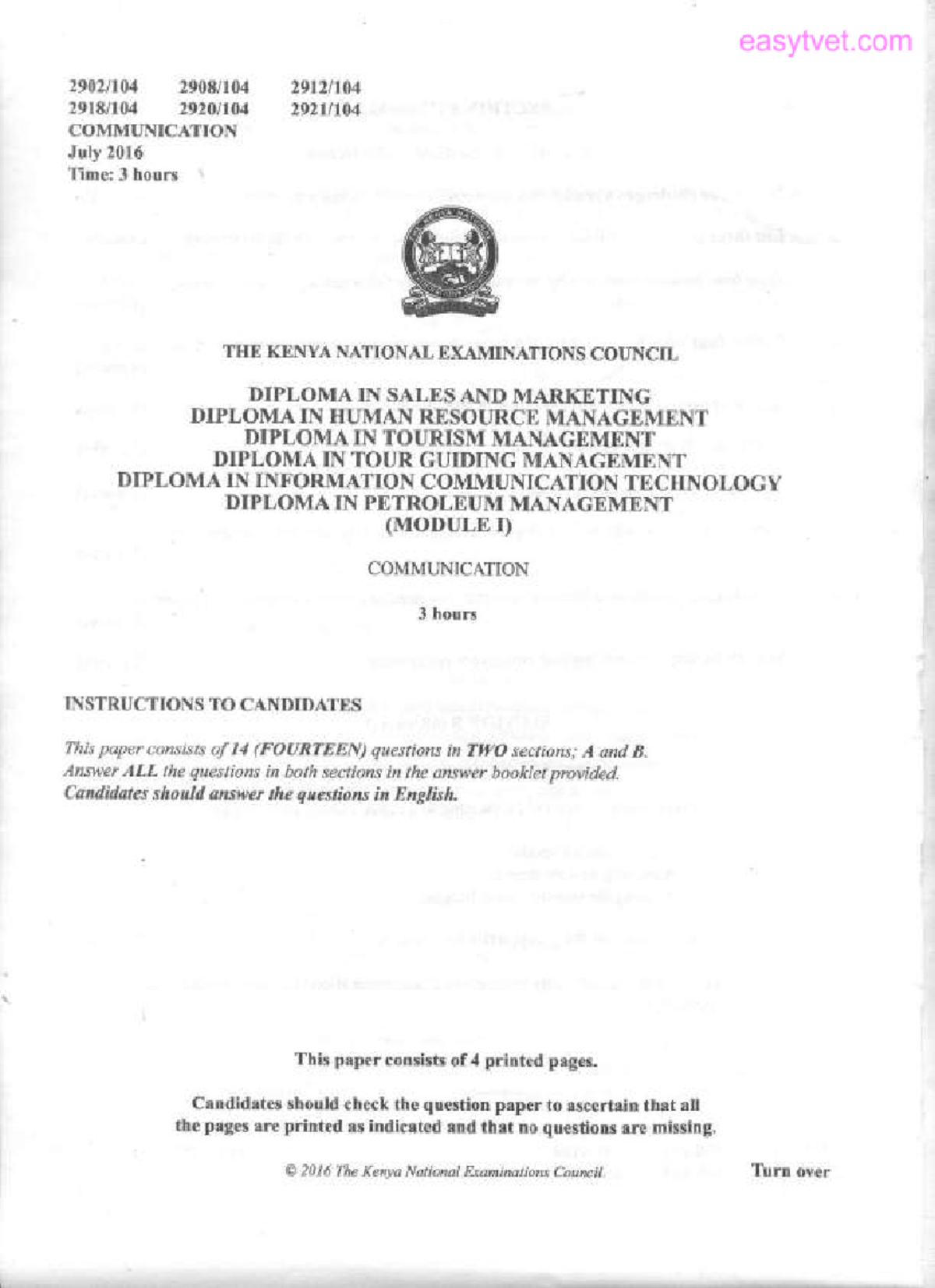 2016 july - Knec past paper - easytvet COMMUNICATION July 2016 Time: 3 ...