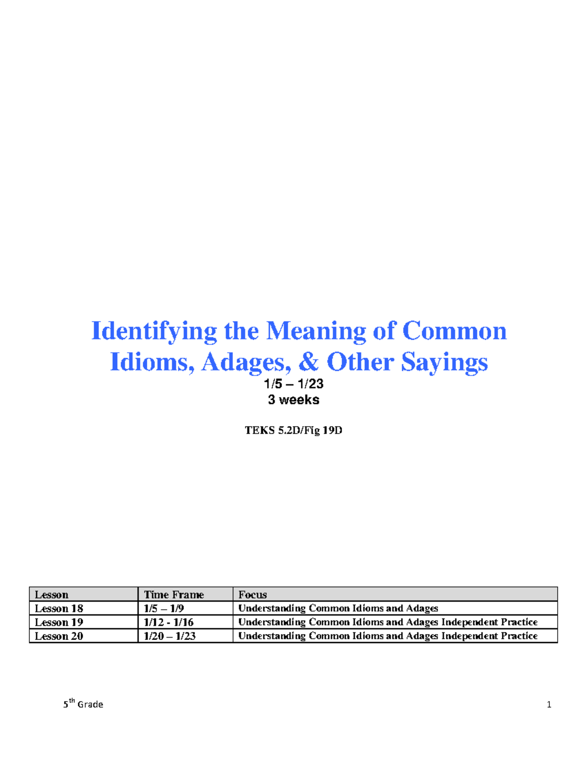 5th Word Meaning idioms lesson cluster - Identifying the Meaning of ...