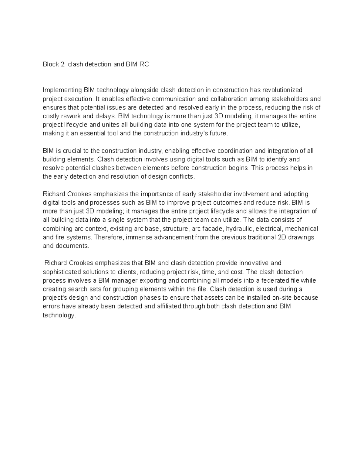 DDC Block 2 summary - Block 2: clash detection and BIM RC Implementing ...