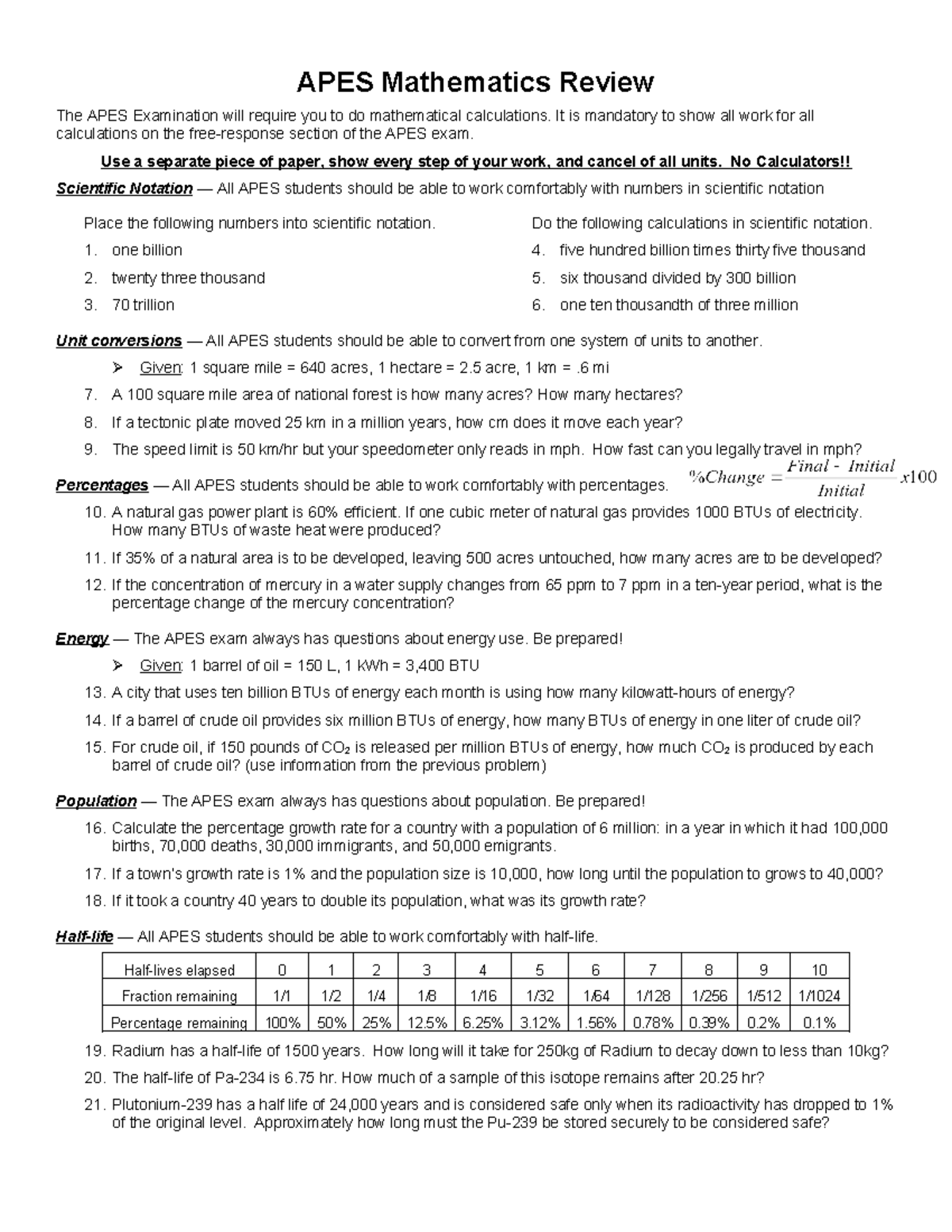 Apes mathematics review with answers - APES Mathematics Review The APES ...