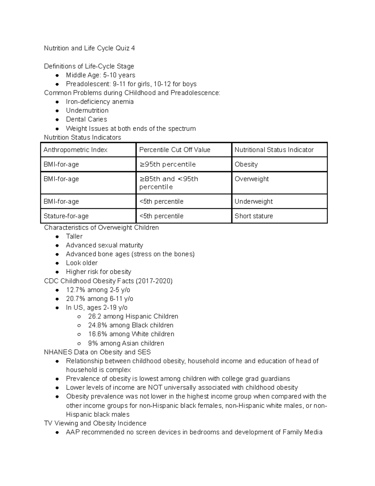 Nutrition and Life Cycle Quiz 4 - Studocu
