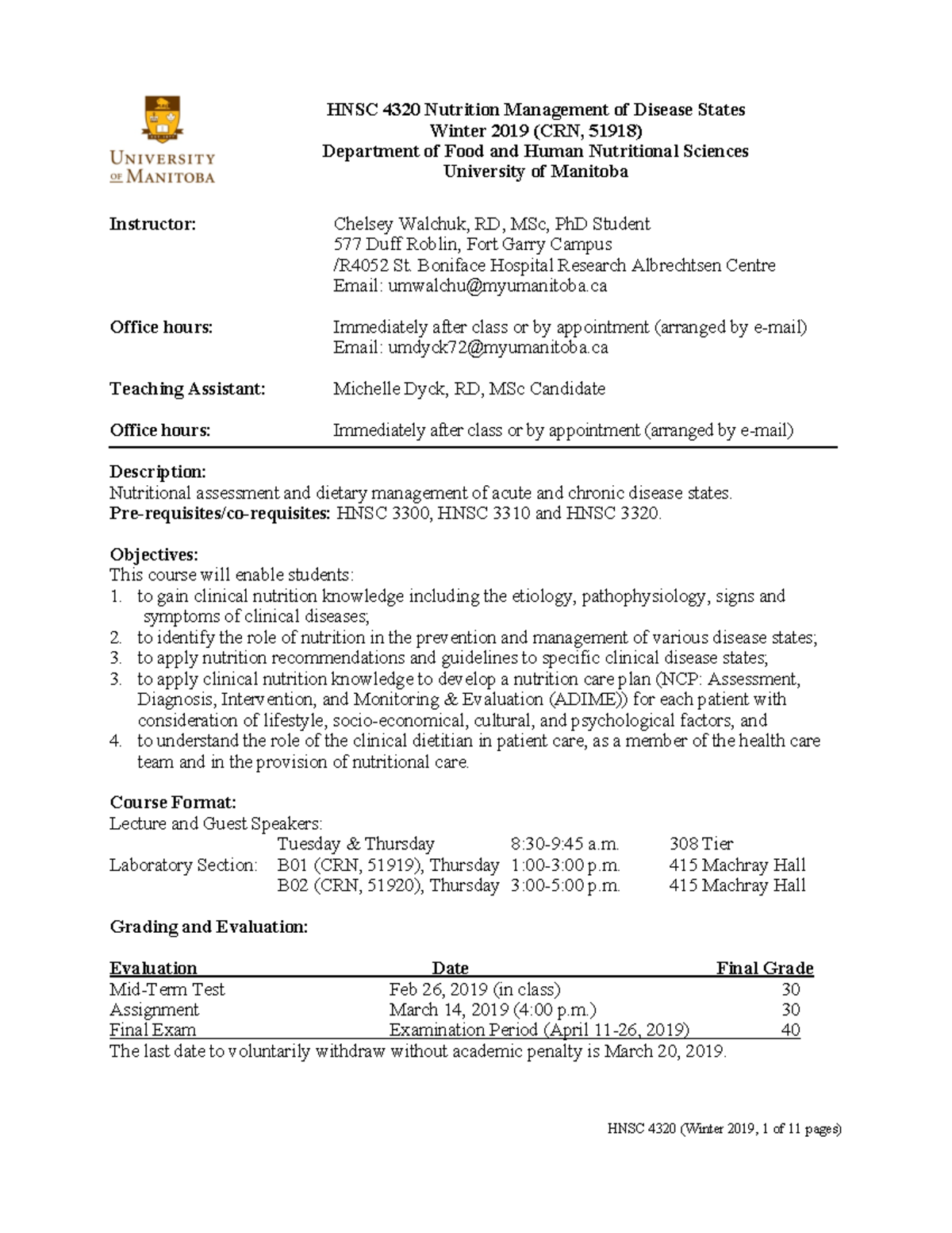 HNSC 4320 Winter 2019 - HNSC 4320 Nutrition Management of Disease ...