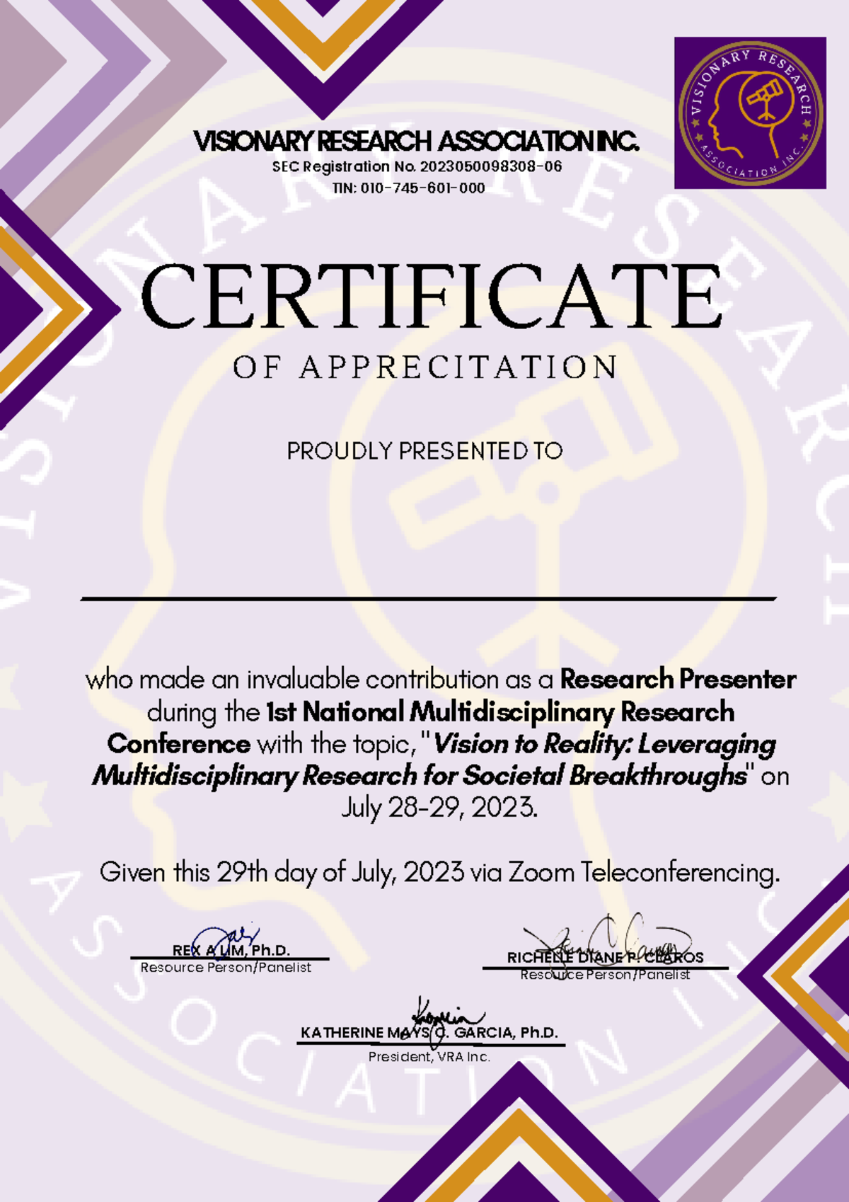 Cert as Research Presenter - REX A LIM, Ph. ####### Resource Person ...