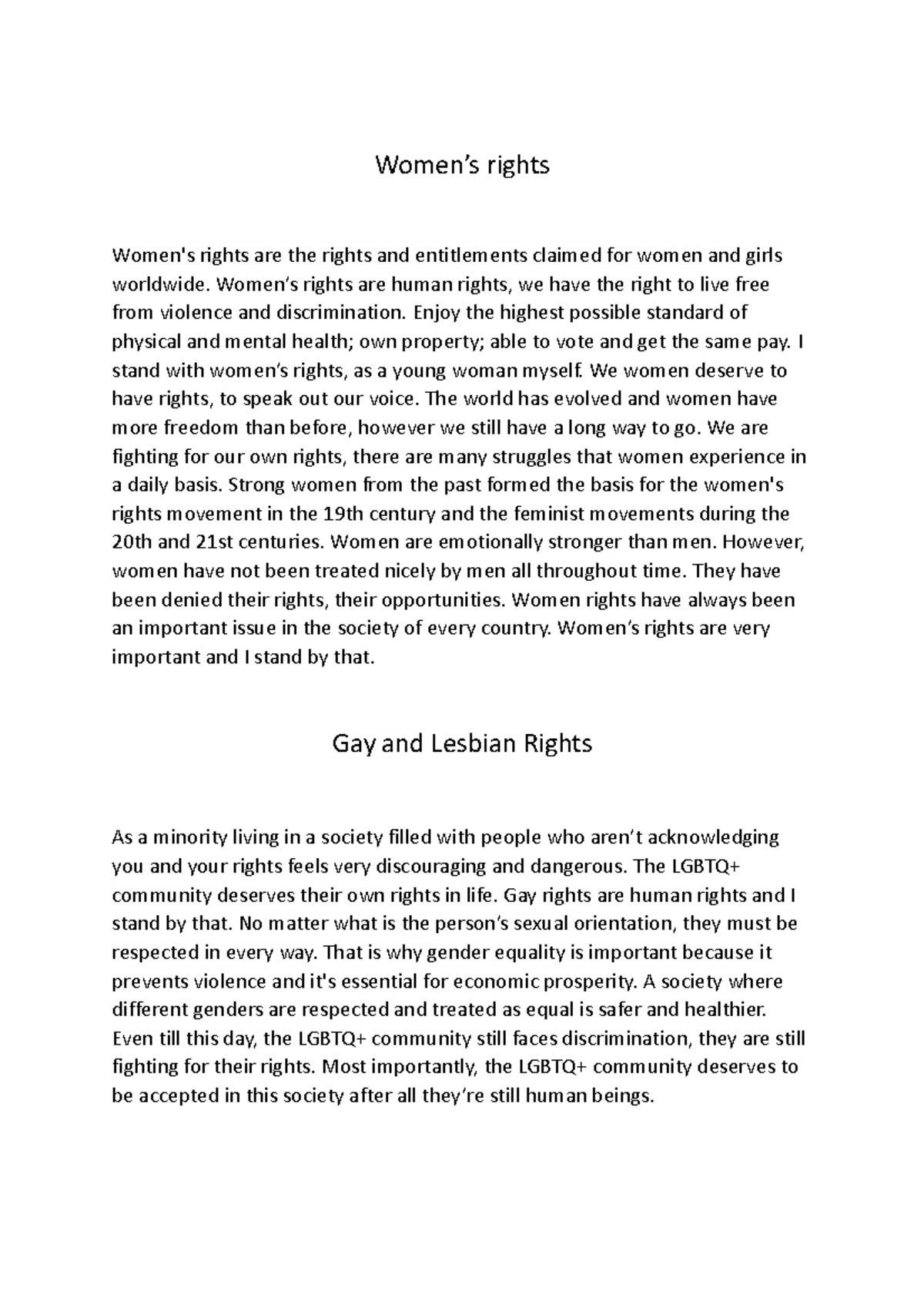 Women - notes - Women’s rights Women's rights are the rights and ...