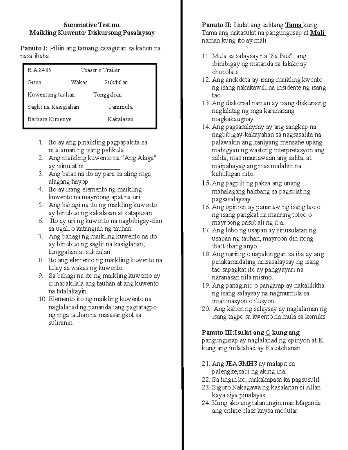 G10 3rd Q-S - G10 - Summative Test no. Maikling Kuwento/ Diskursong ...