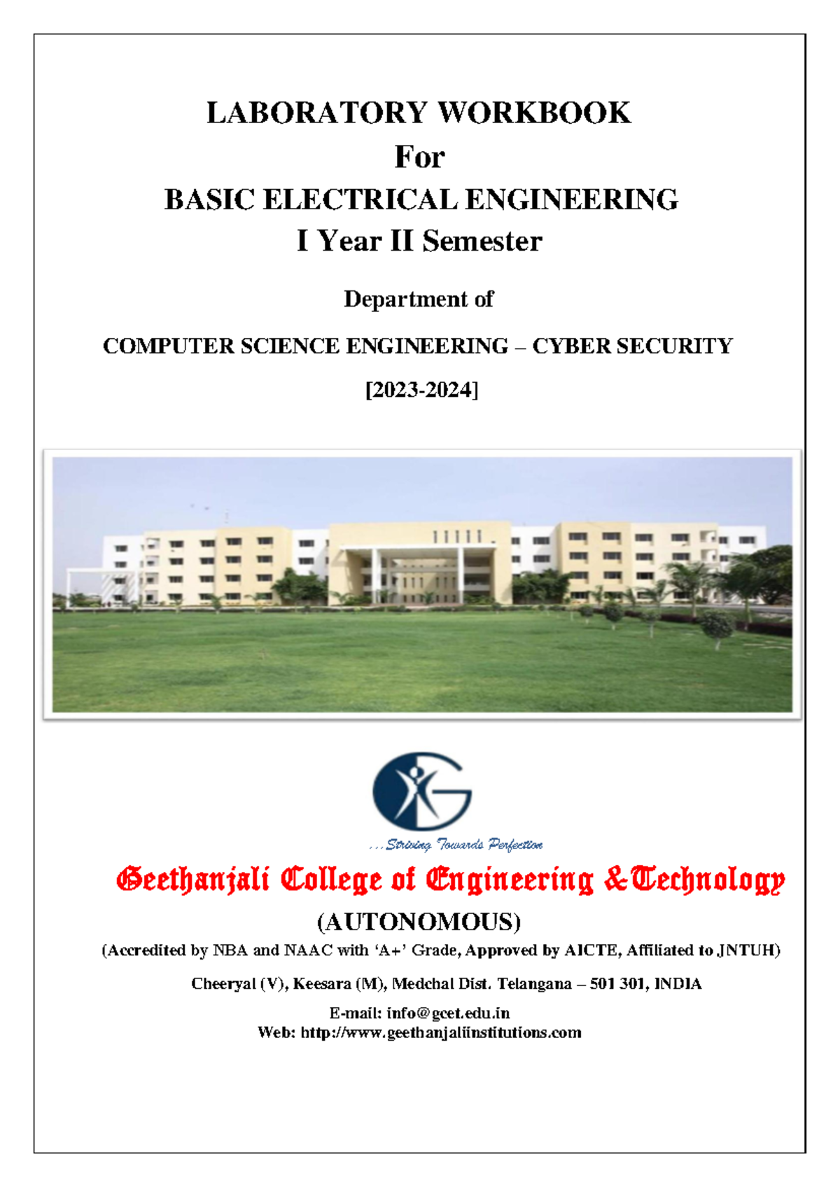 CS BEE LAB Manual I YR II SEM 2023-24 - LABORATORY WORKBOOK For BASIC ELECTRICAL ENGINEERING I ...
