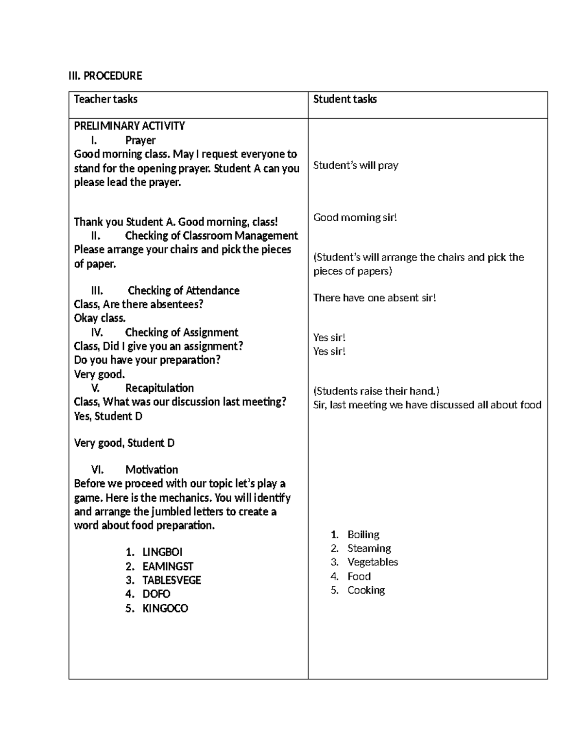 DLP Food preparation - III. PROCEDURE Teacher tasks Student tasks ...