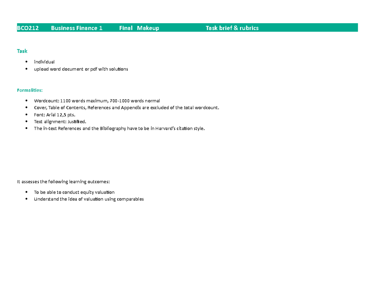 BCO212- Final Assignment - BCO212 Business Finance 1 Final Makeup Task ...