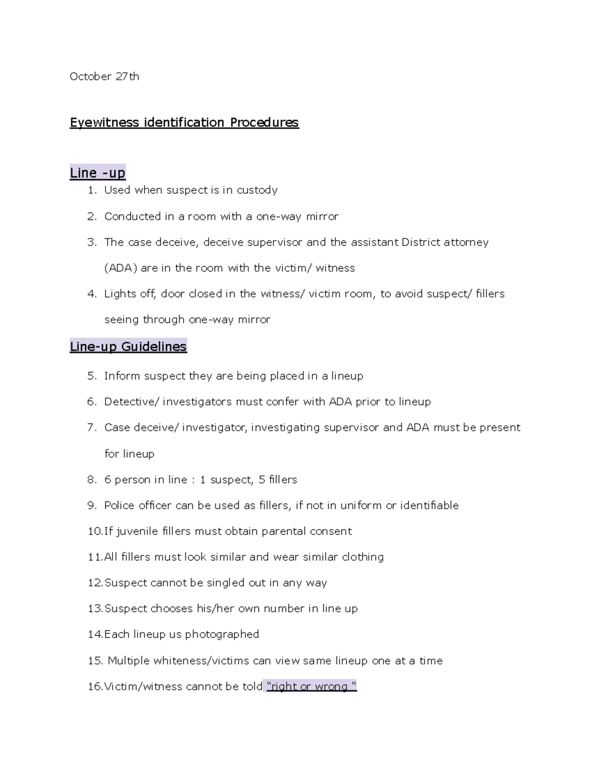 PSC Notes - Professor Alfred - October 27th Eyewitness identification ...