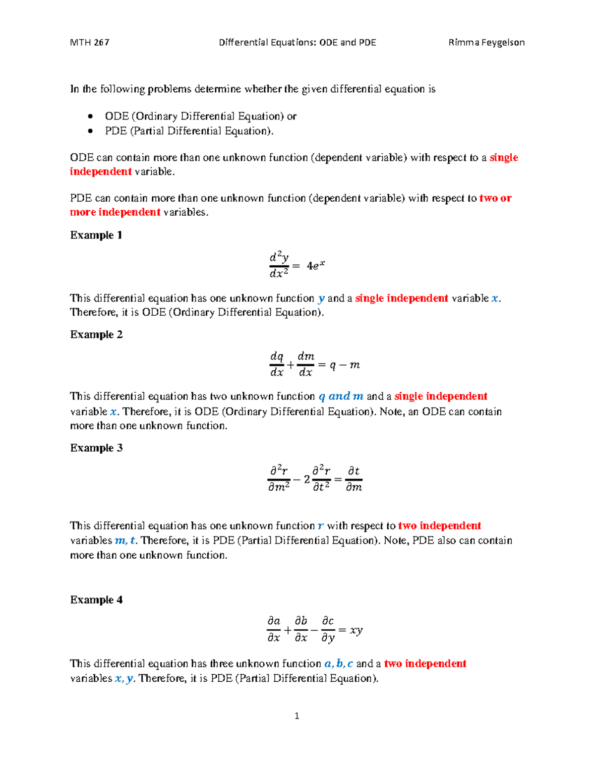 1.1.01 Examples ODE PDE - MTH 267 Differential Equations: ODE and PDE Rimma Feygelson 1 In the ...