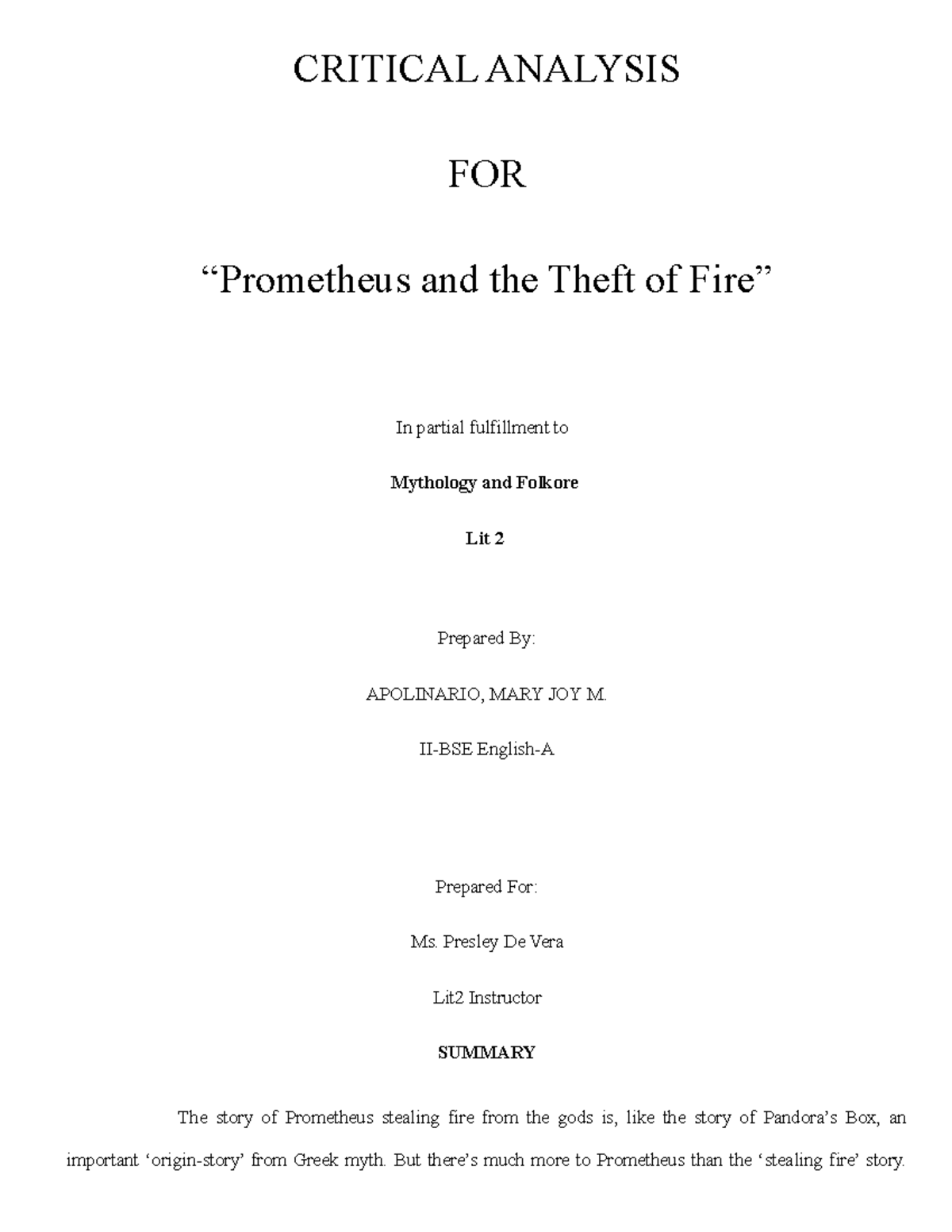 Apolinario, MARY JOY M. - Critical Analysis FOR Prometheus and the ...