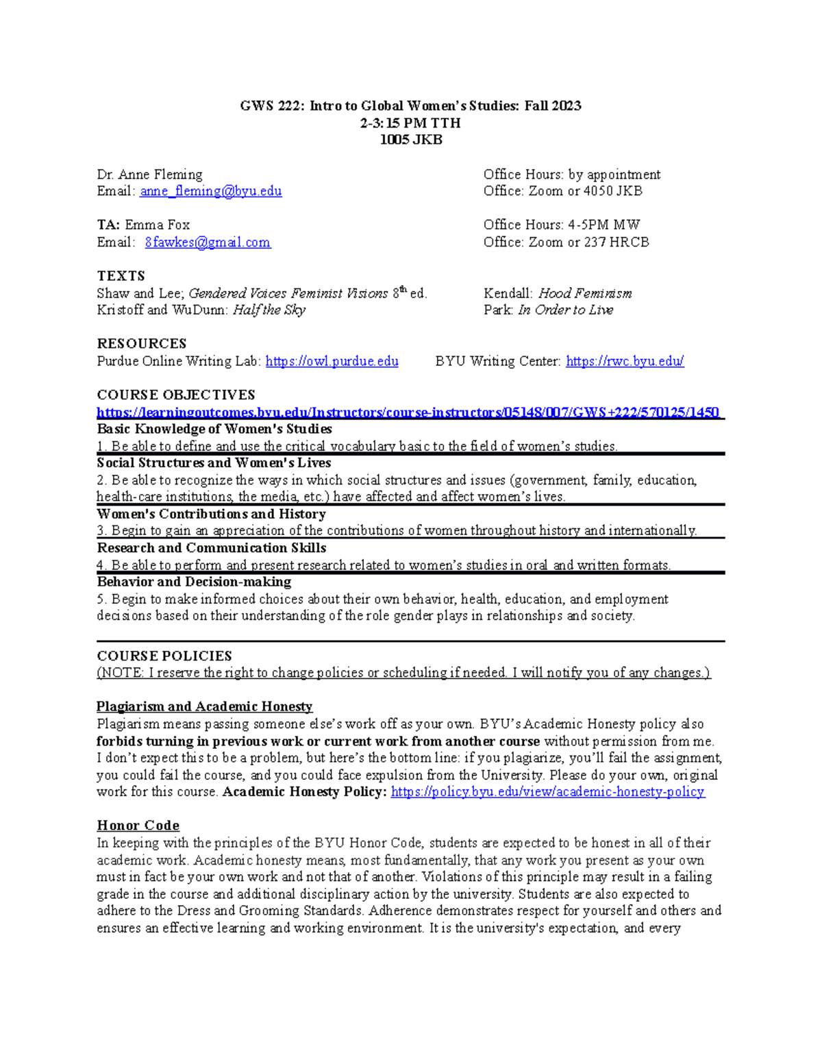 MY GWS Syllabus - GWS 222: Intro to Global Women’s Studies: Fall 2023 2 ...