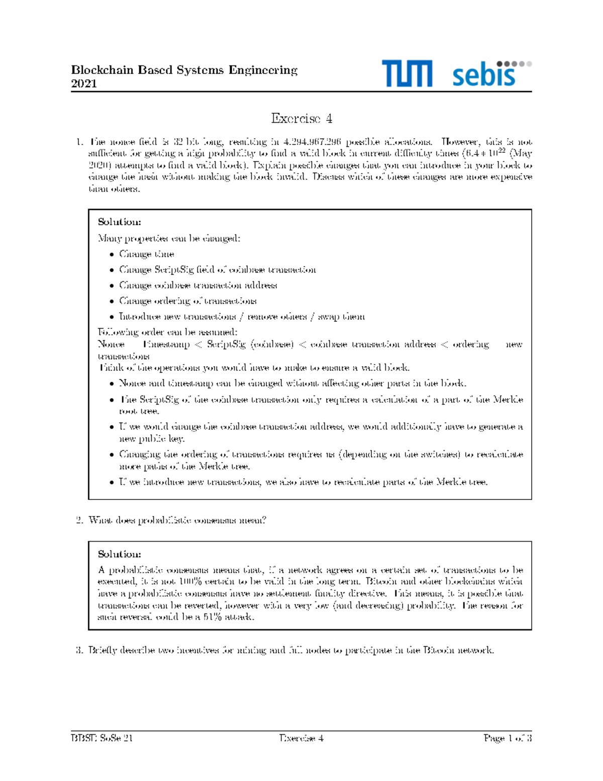 BC Exercise 4 Solution - Blockchain Based Systems Engineering 2021 Exercise 4 The nonce field is ...