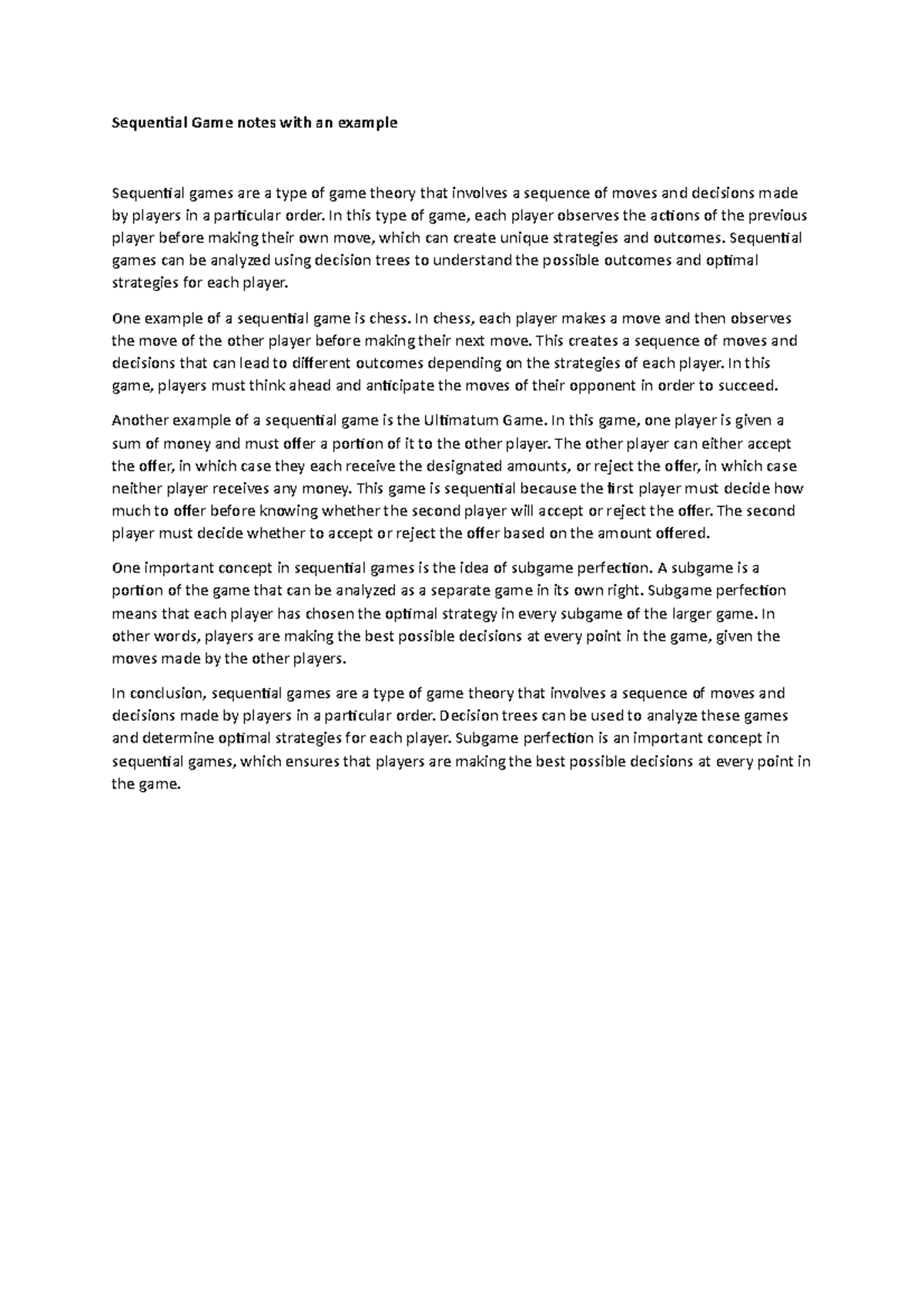 Sequential Game Notes With An Example Sequential Game Notes With An