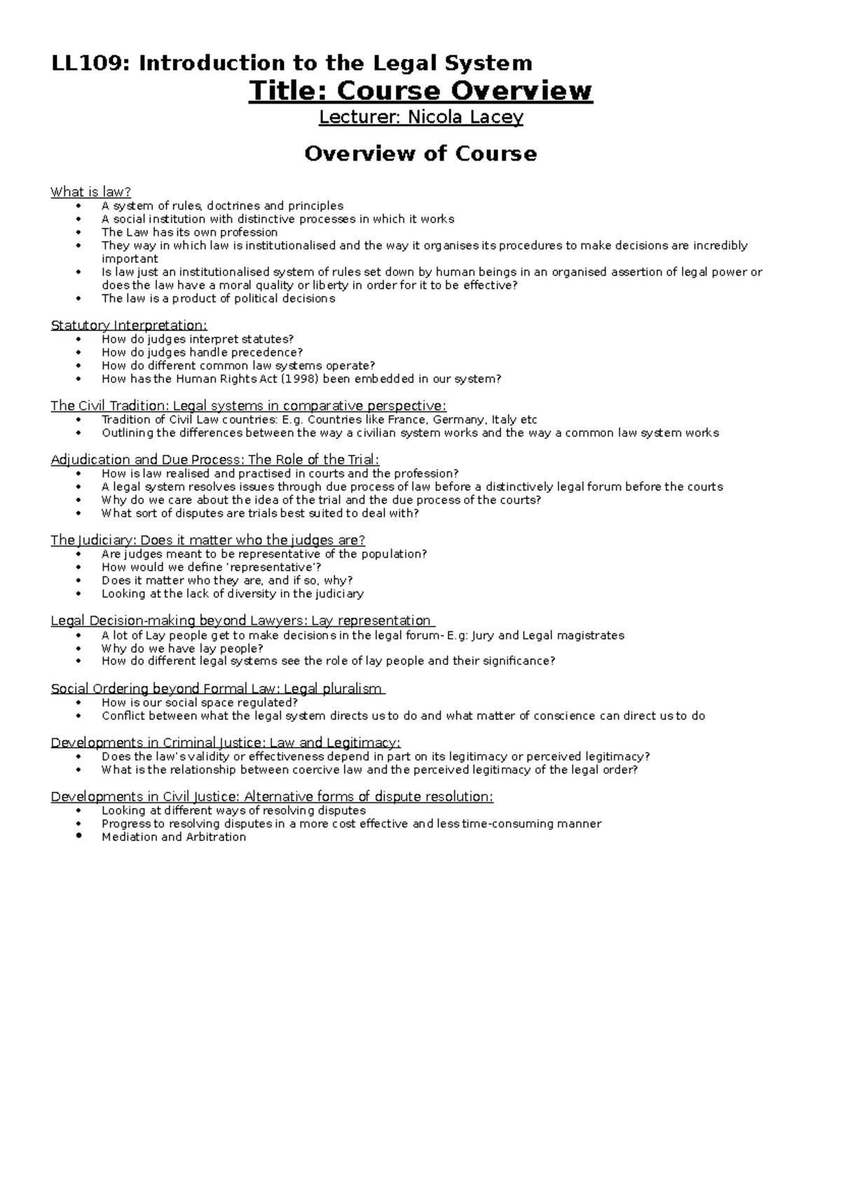 LL109- Lecture 1- Introduction to the Legal System- Overview of Course ...