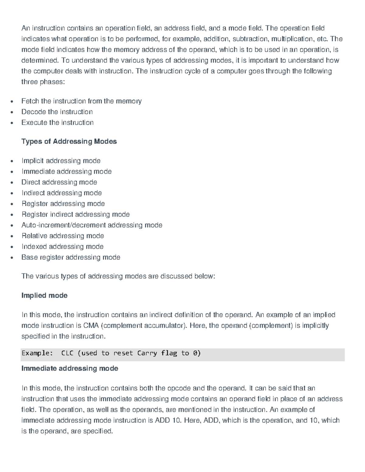 Addressing modes - this is notes - An instruction contains an operation ...
