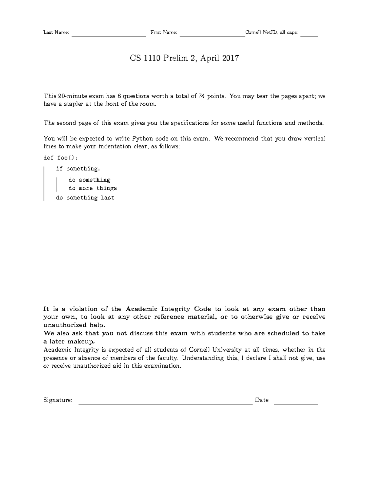 2017-spring-prelim 2 - Past Prelim 2 from CS 1110 taught by Professor ...