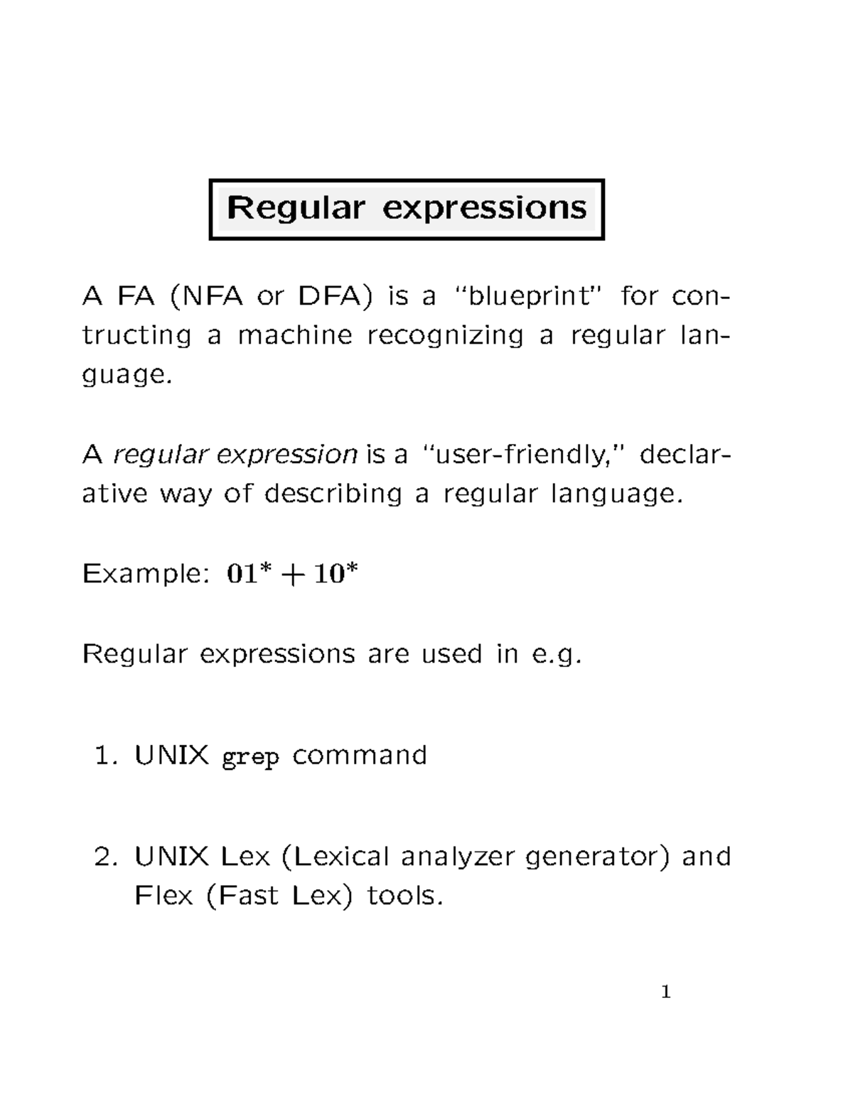 Set03 - Lecture notes 3 - Regular expressions A FA (NFA or DFA) is a ...