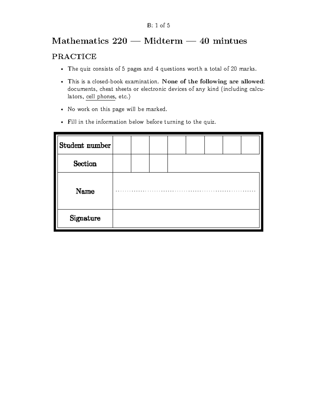 Mt2p soln - Aaslkdnalkdnalknd laknwd anwlkdn l - Mathematics 220 — Midterm — 40 mintues PRACTICE ...