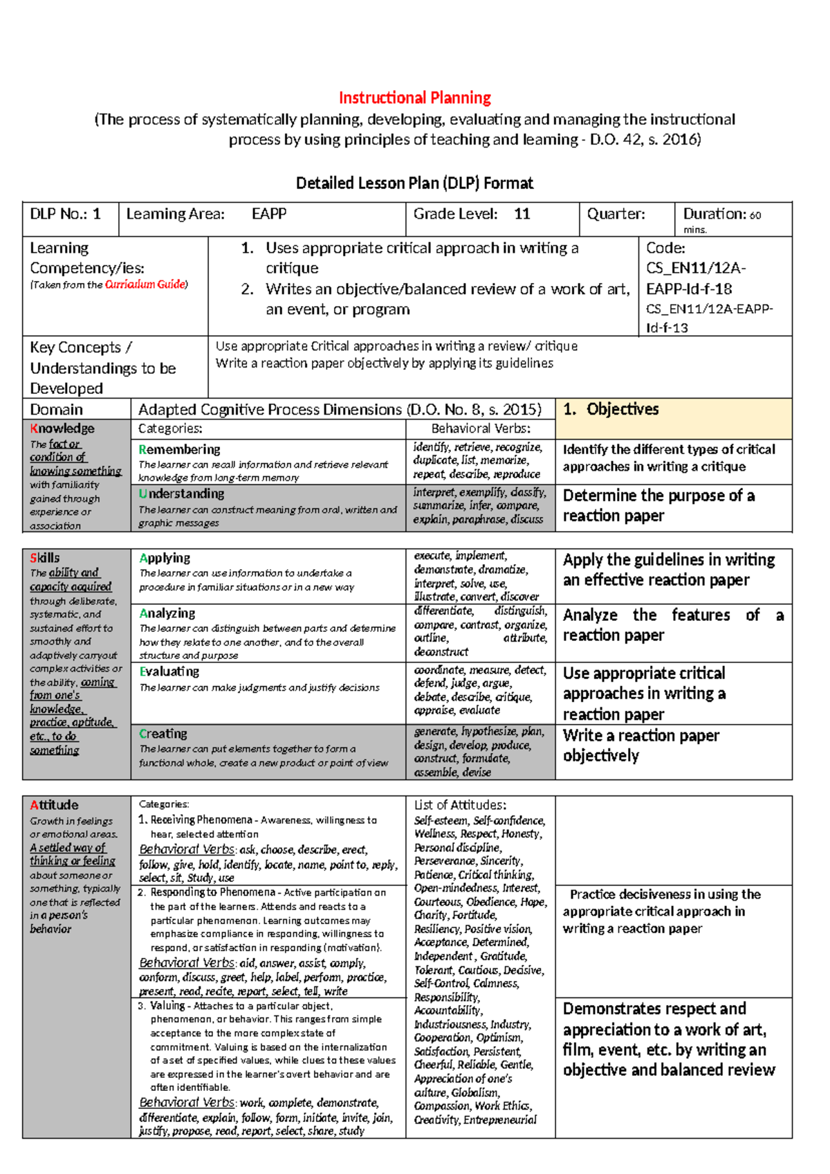 Critical Approaches DLP - Instructional Planning (The process of ...