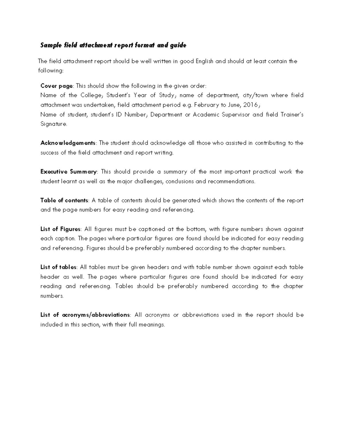 Practical attachment Guidelne - Sample field attachment report format ...