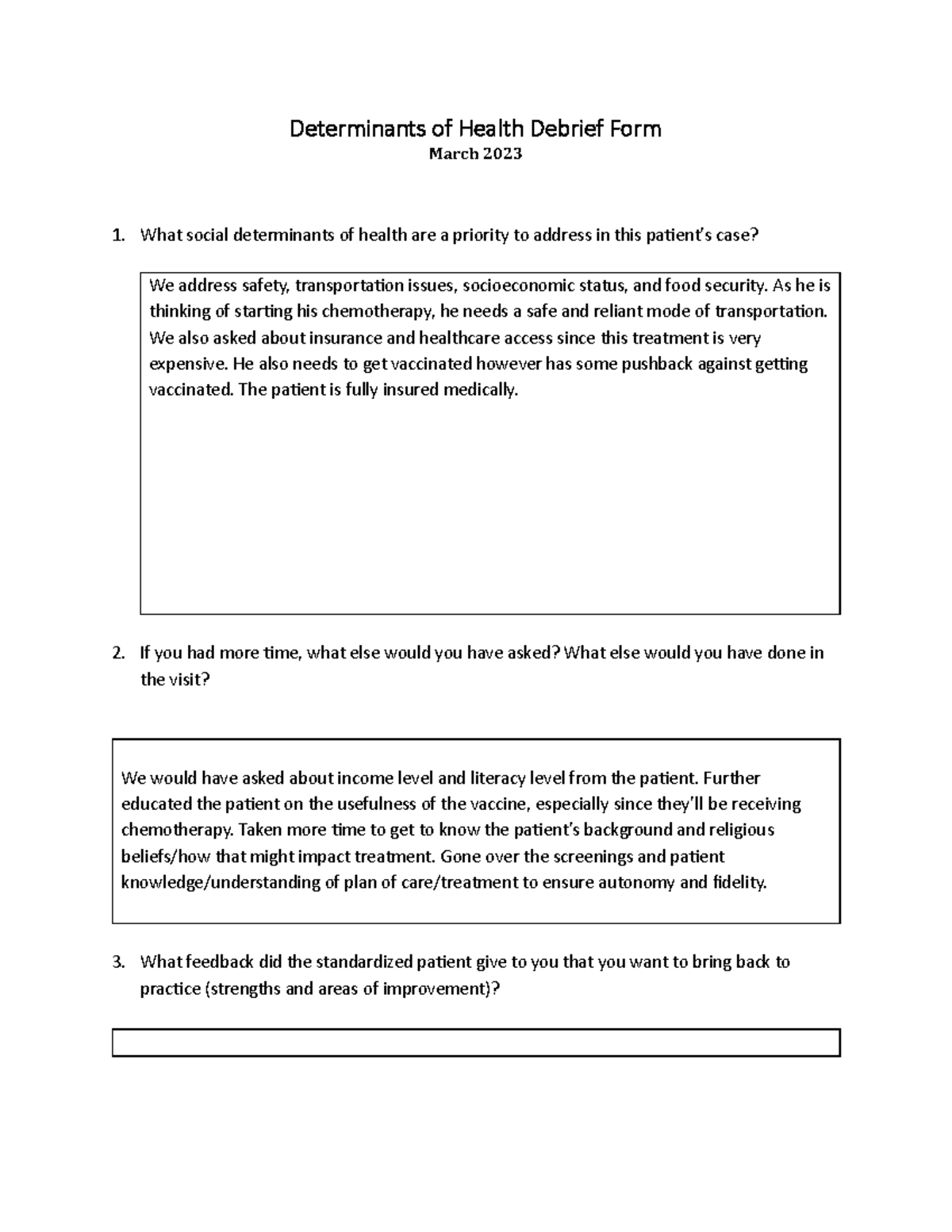 Determinants of Health Debrief Form - As he is thinking of starting his ...