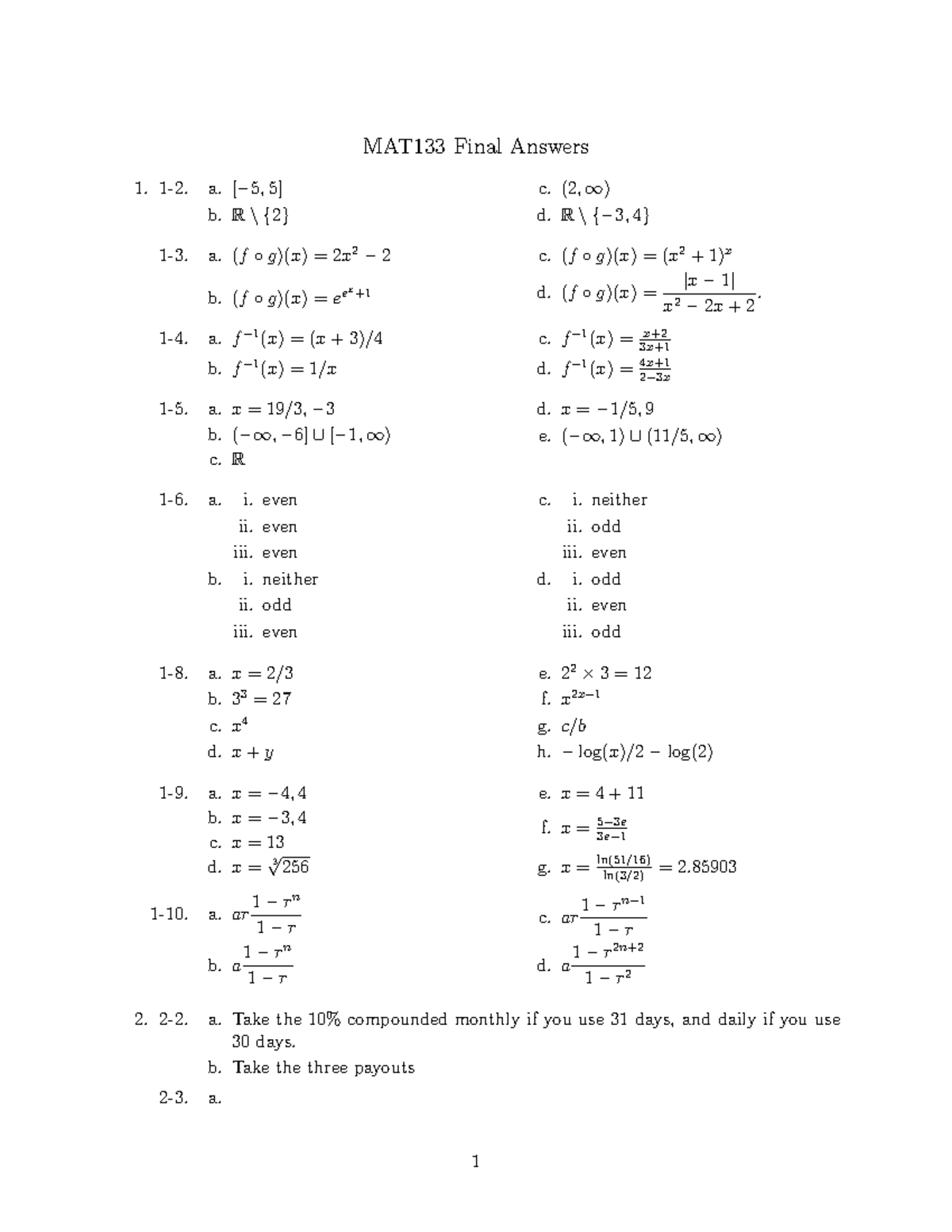 MAT133 Textbook Answers - MAT133 Final Answers 1-2. a. [− 5 ,5] b. R{ 2 ...