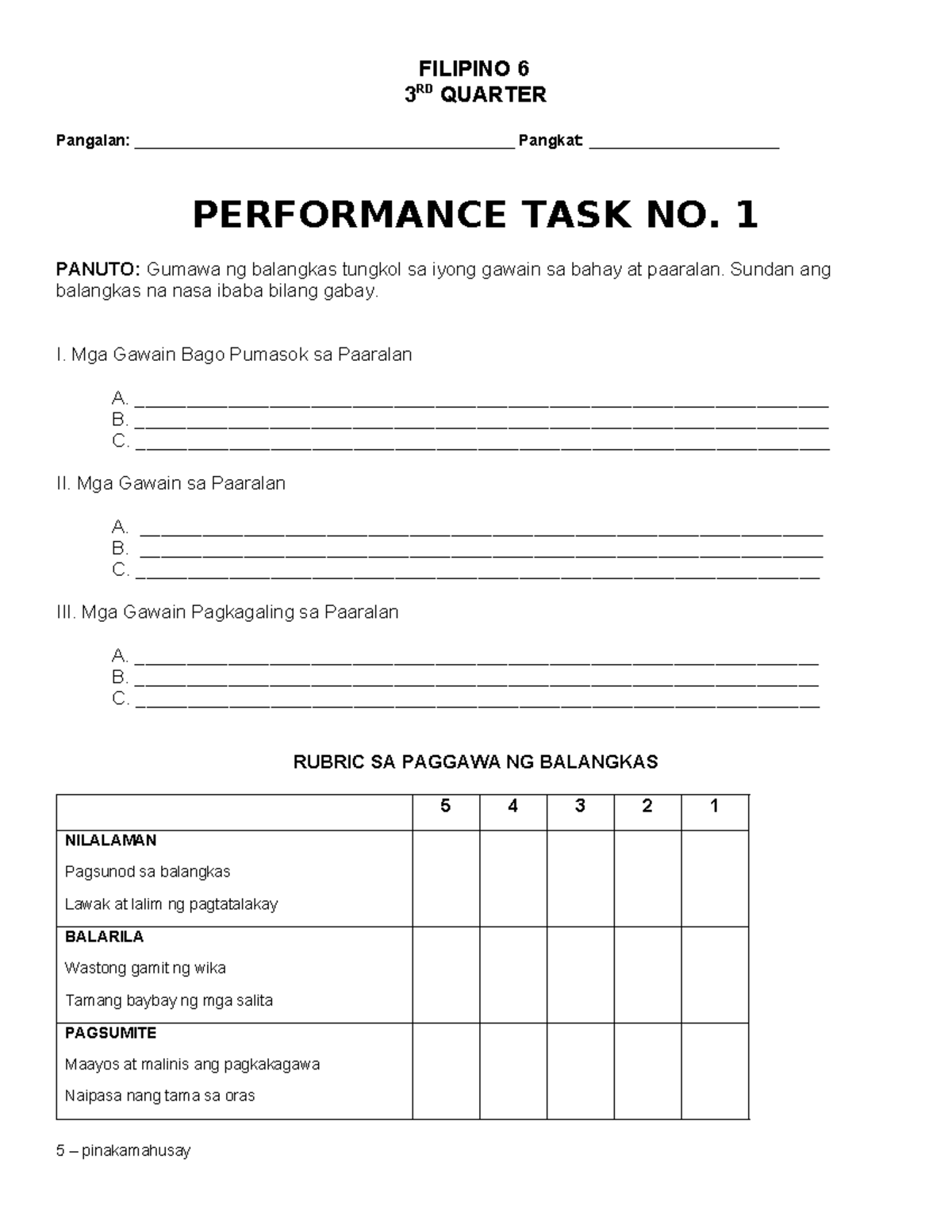 3Q- Filipino 6-PT1 - FILIPINO 6 3 RD QUARTER Pangalan