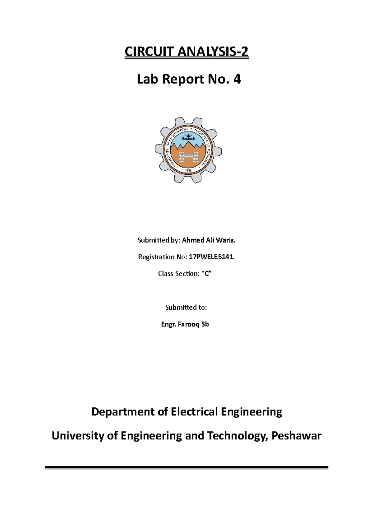 Lab 2 - oop - CIRCUIT ANALYSIS- Lab Report No. 4 Submitted by: Ahmed ...