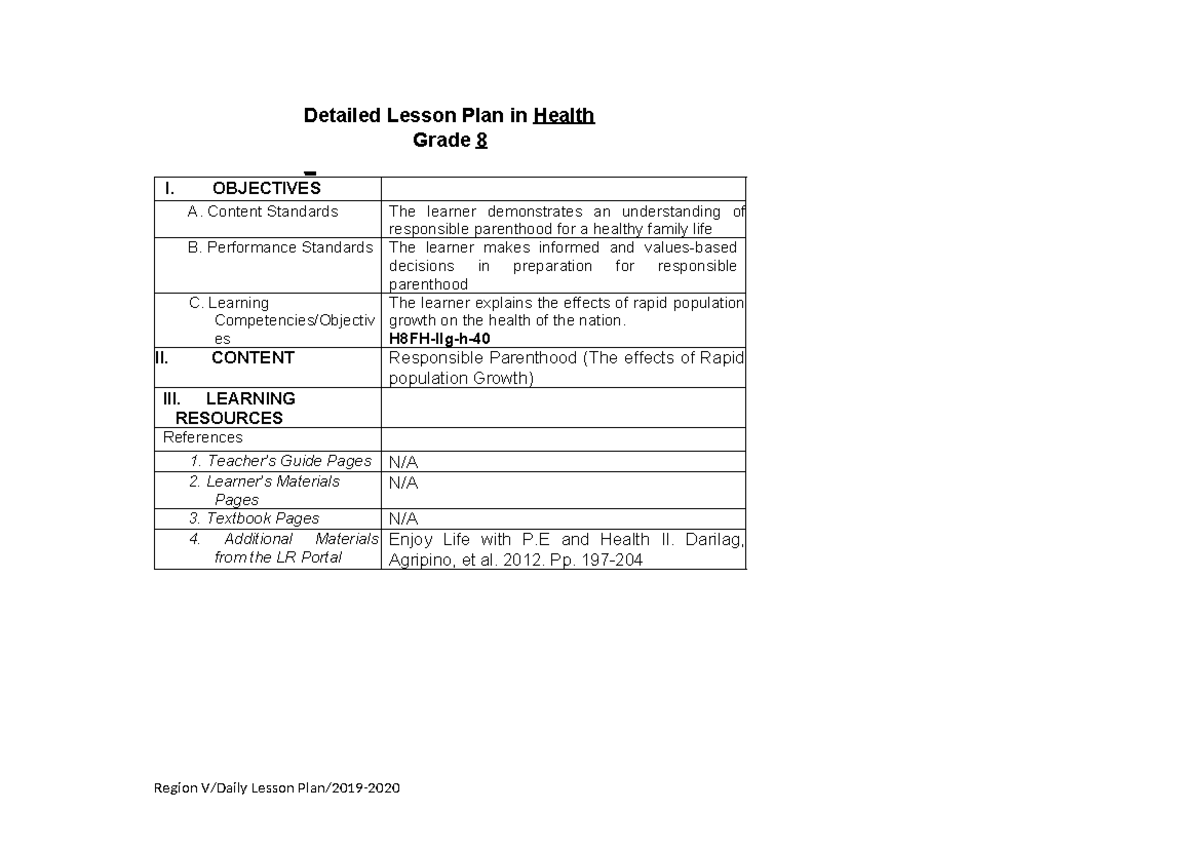 Healt - Detailed Lesson Plan in Health Grade 8 _ I. OBJECTIVES A ...