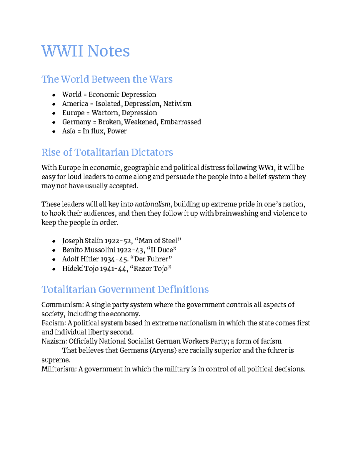 MAH Notes - WWII Notes The World Between the Wars World = Economic ...