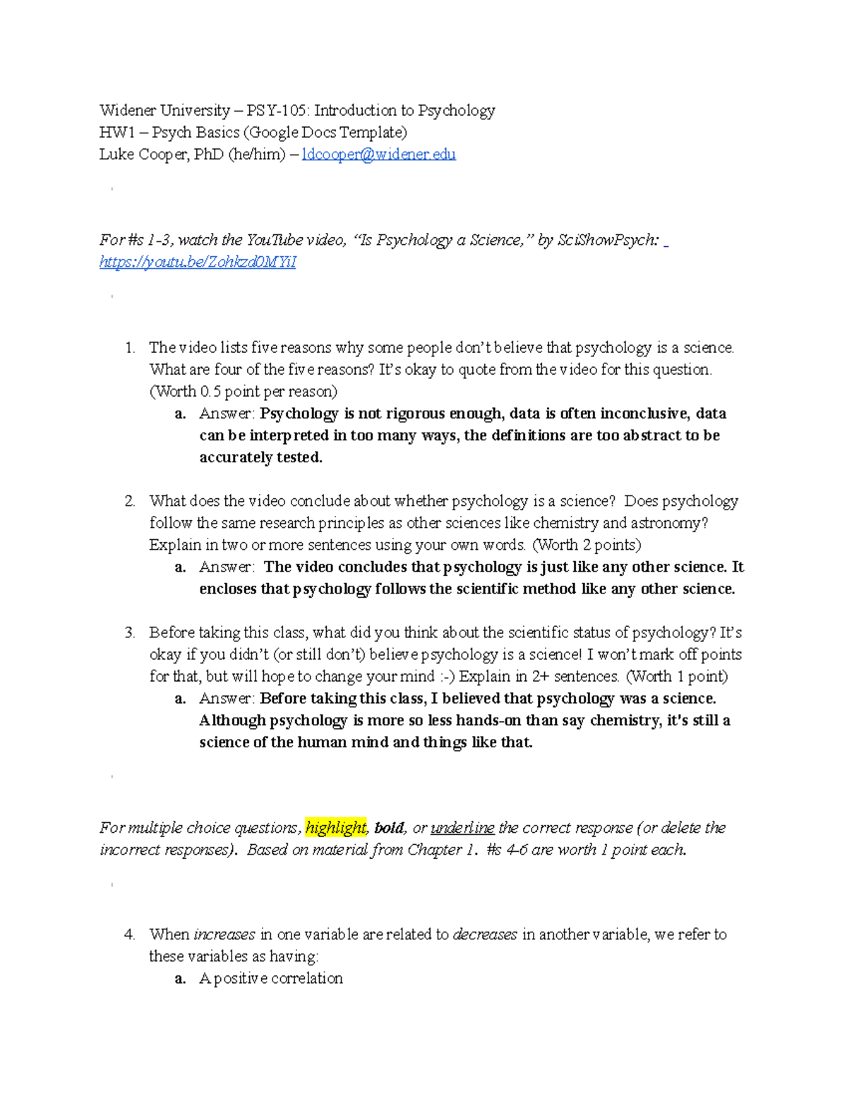 Copy of PSY-105 HW1 - Psych Basics - Widener University – PSY-105 ...