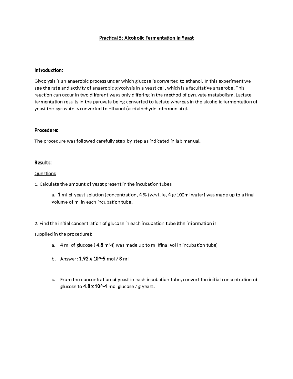 Biolabexp 5 - lab work - Practical 5: Alcoholic Fermentation in Yeast ...