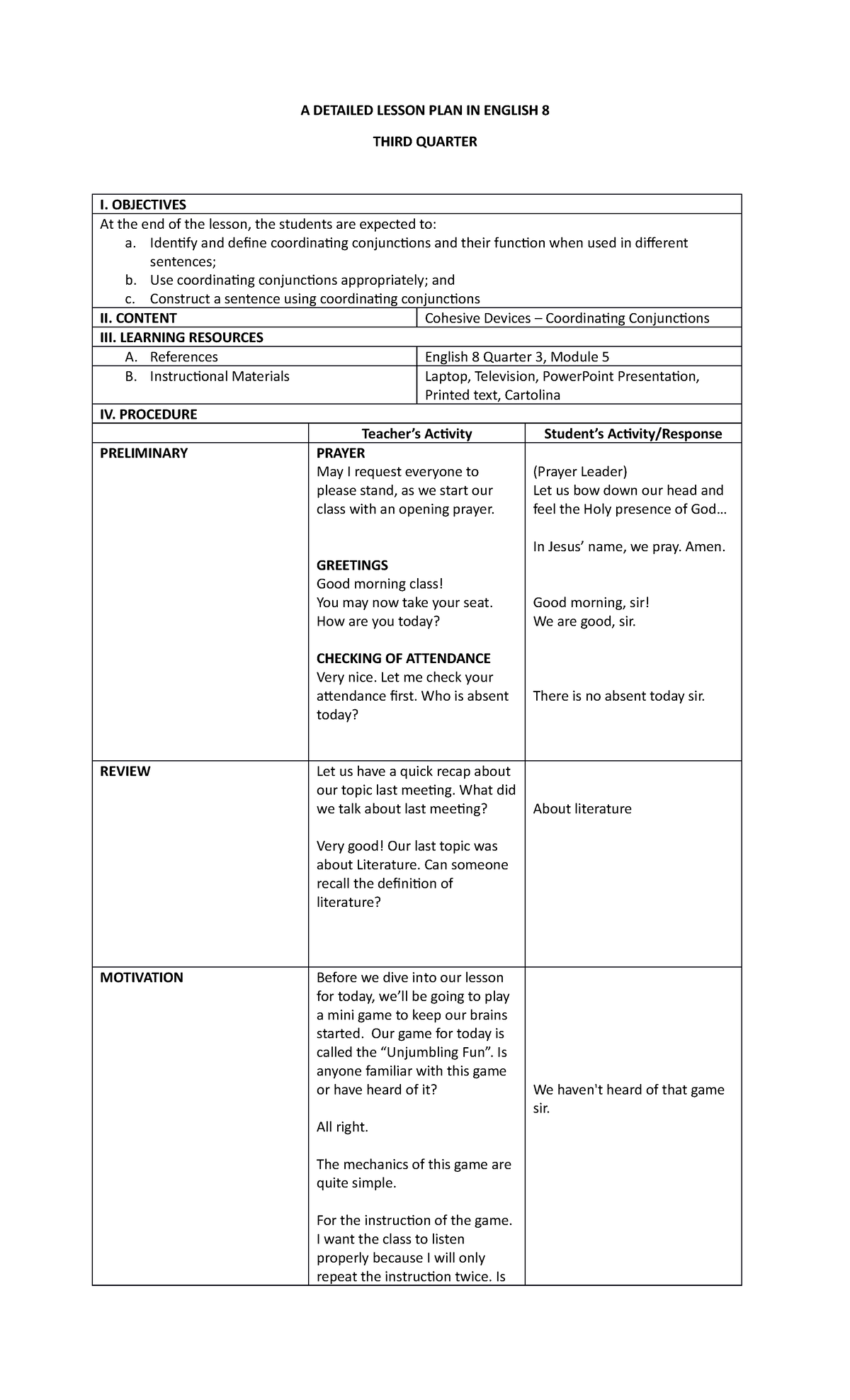 Coordinating Conjunction Final LP - A DETAILED LESSON PLAN IN ENGLISH 8 ...