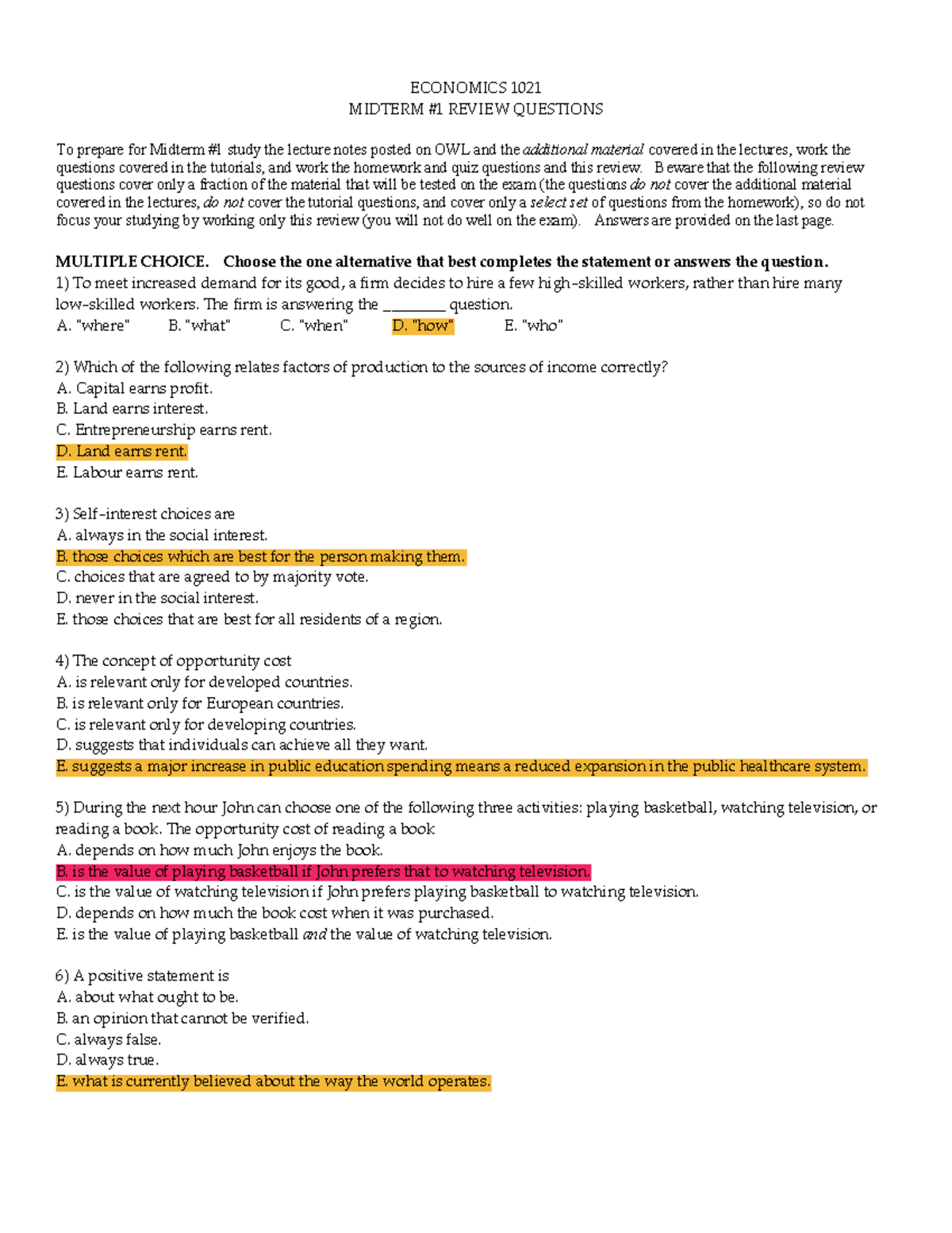 Ec1021 midterm 1 review questions with answers - ECONOMICS 1021 MIDTERM #1 REVIEW QUESTIONS To ...
