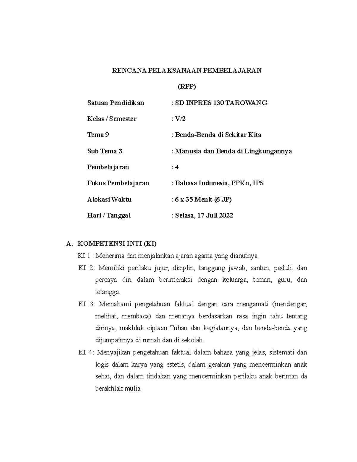 RPP K13 untuk SD - RENCANA PELAKSANAAN PEMBELAJARAN (RPP) Satuan ...