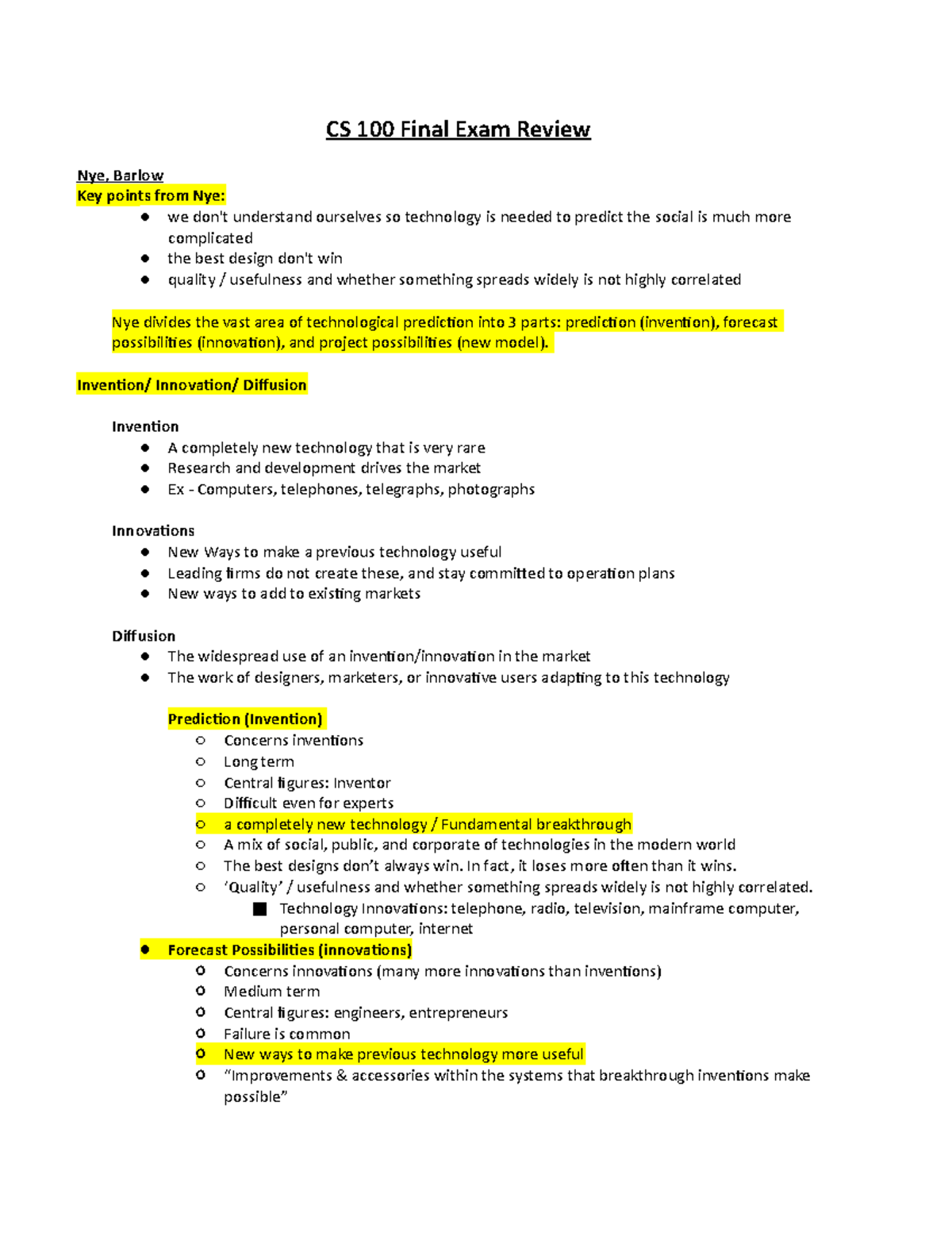 CS100 Final Exam Review - CS 100 Final Exam Review Nye, Barlow Key points from Nye: we don't ...
