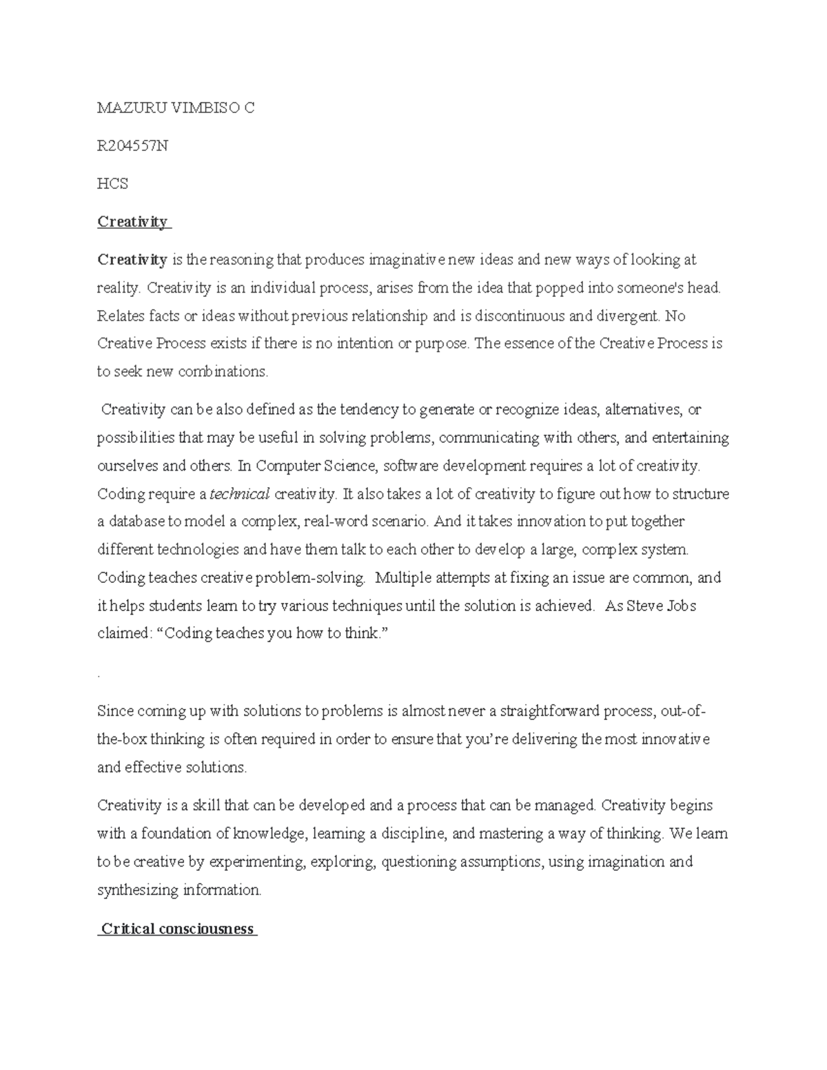 Vimbiso C Mazuru - MAZURU VIMBISO C R204557N HCS Creativity Creativity ...