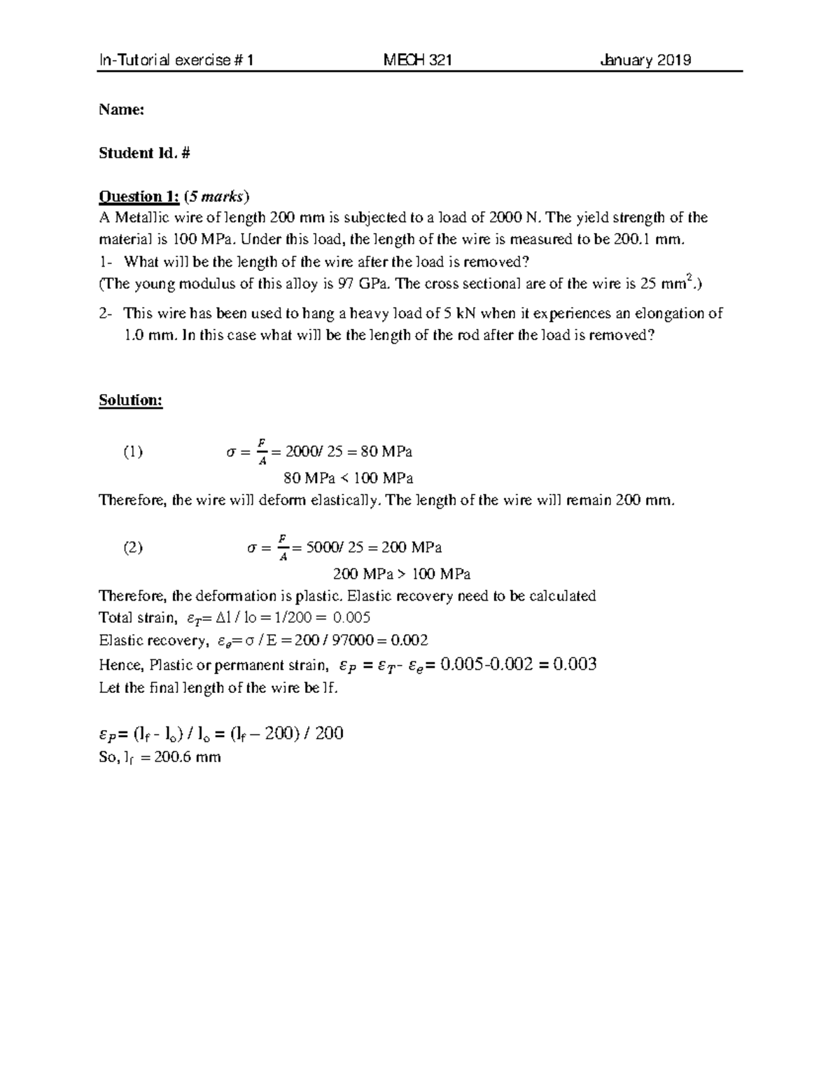 In-Tutorial Exercise 1 MECH 321 - In-Tutorial exercise # 1 MECH 321 January 2019 Name: Student ...