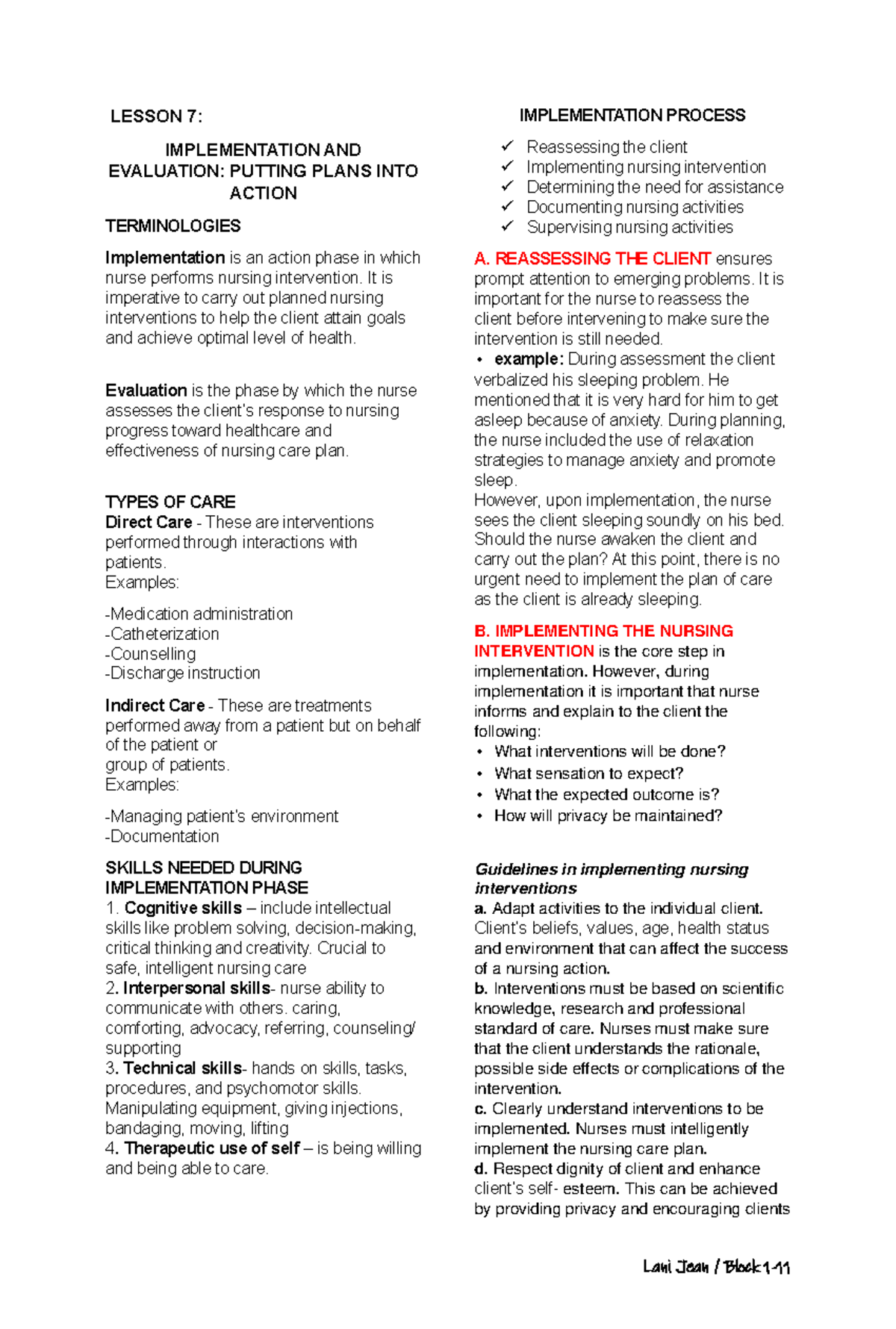 Reviewer IN Funda LEC Finals - Lani Jean / Block 1- 11 LESSON 7: IMPLEMENTATION AND EVALUATION ...