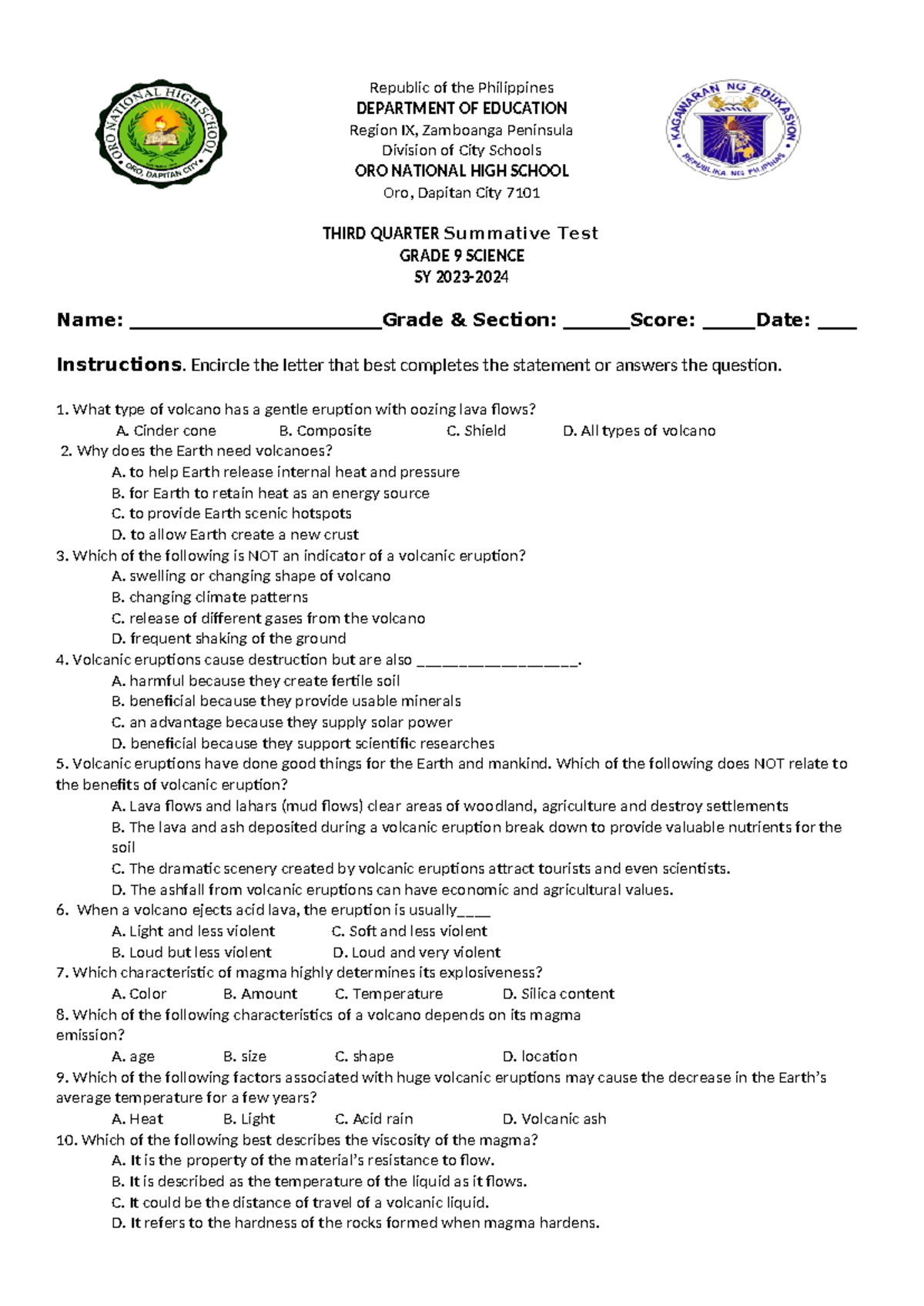 Science 9 examination - Republic of the Philippines DEPARTMENT OF ...