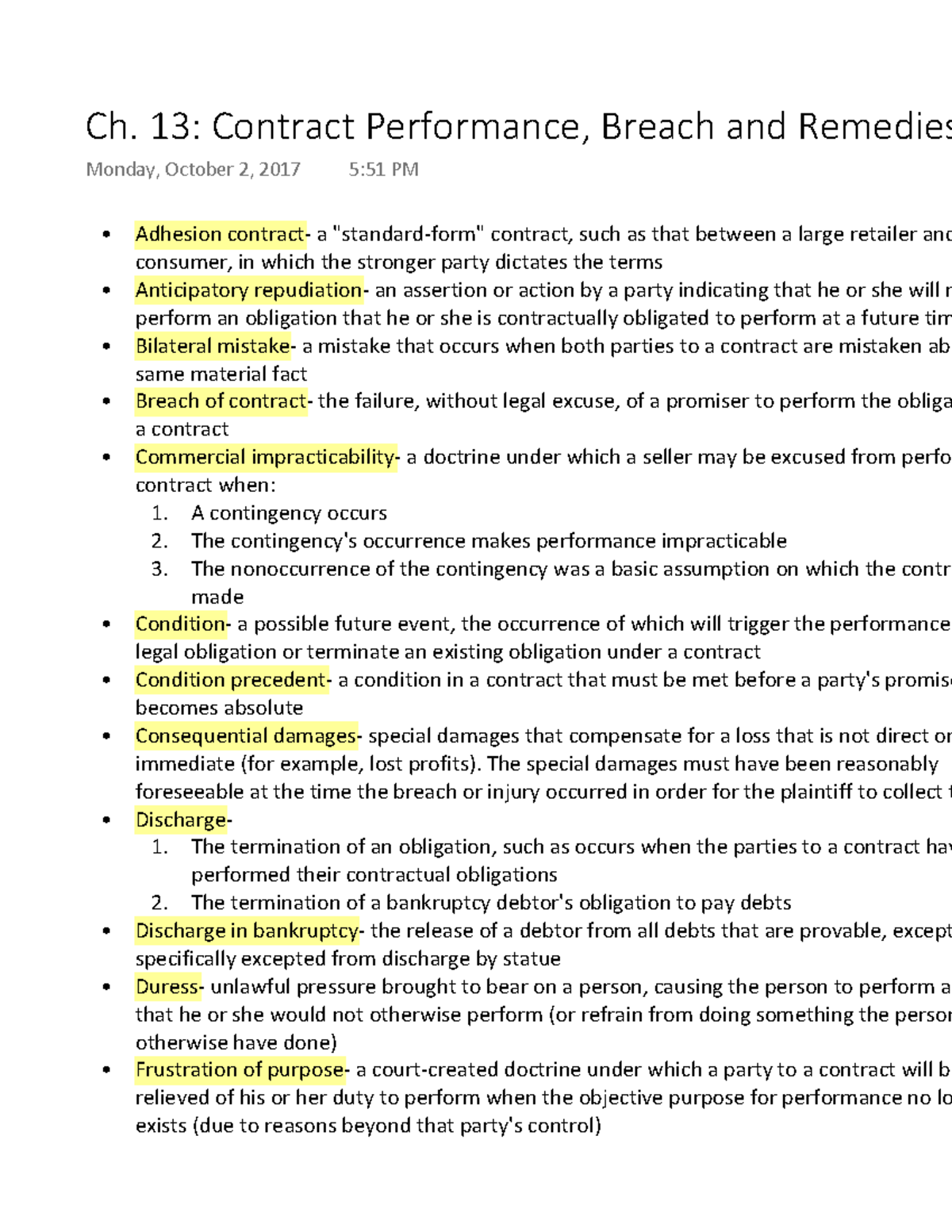 Ch. 13 Contract Performance, Breach and Remedies - Ch. 13: Contract ...