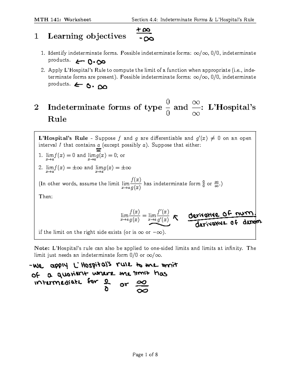 MTH 141- SECTION 4.6 - 1 Learning objectives 1. Identify indeterminate ...
