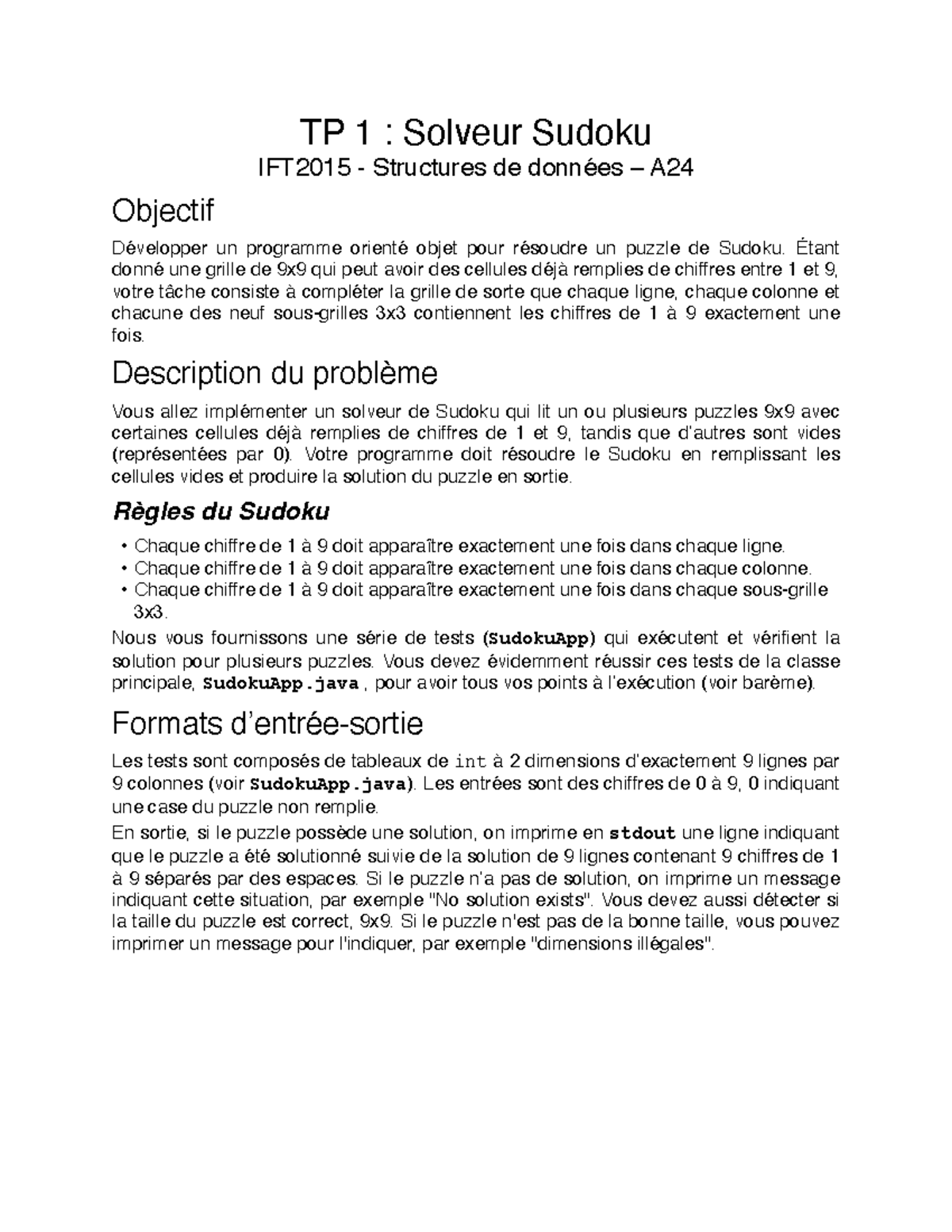 TP1 - enonce tp1 - TP 1 : Solveur Sudoku IFT2015 - Structures de données – A Objectif Développer ...