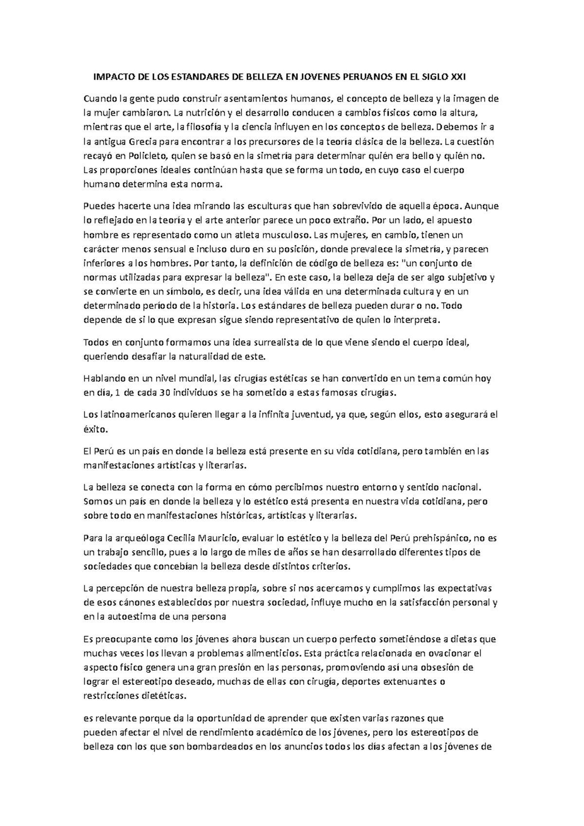 Impacto DE LOS Estandares DE Belleza EN Jovenes Peruanos EN EL Siglo ...